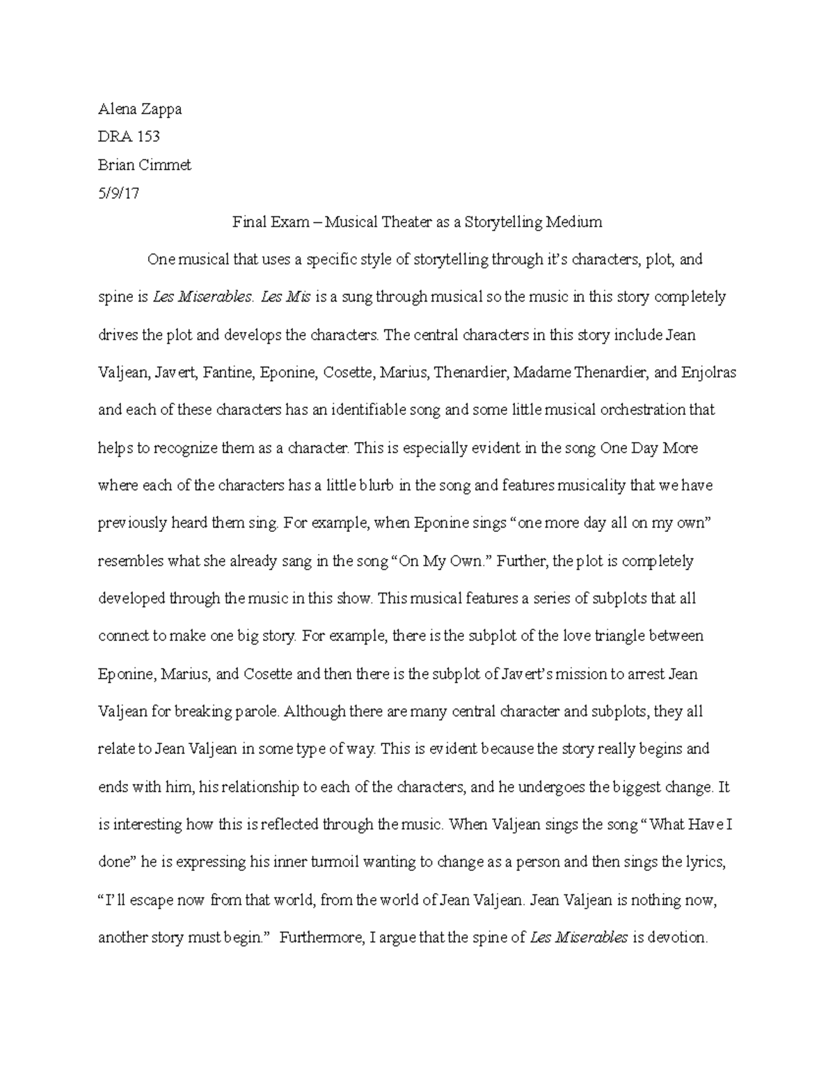 MT Lit Final Paper - Alena Zappa DRA 153 Brian Cimmet 5/9/ Final Exam ...