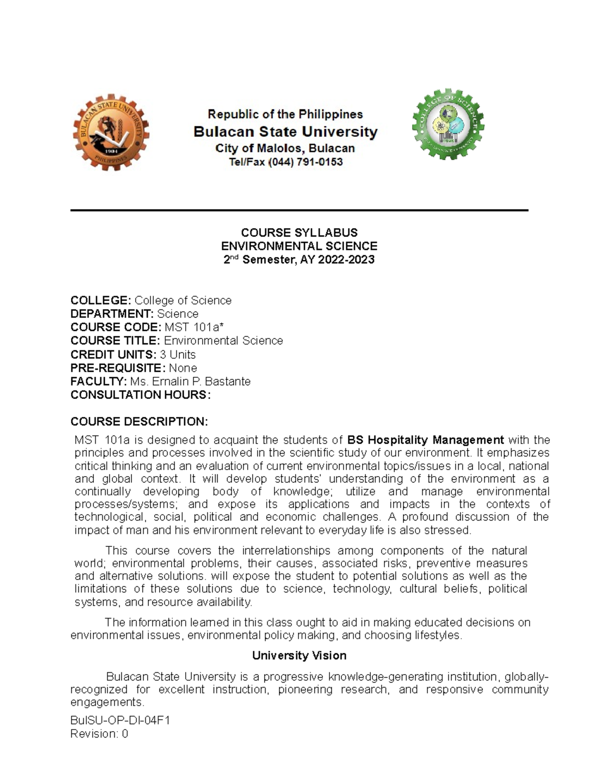 Environmental-Science-syllabus - COURSE SYLLABUS ENVIRONMENTAL SCIENCE ...