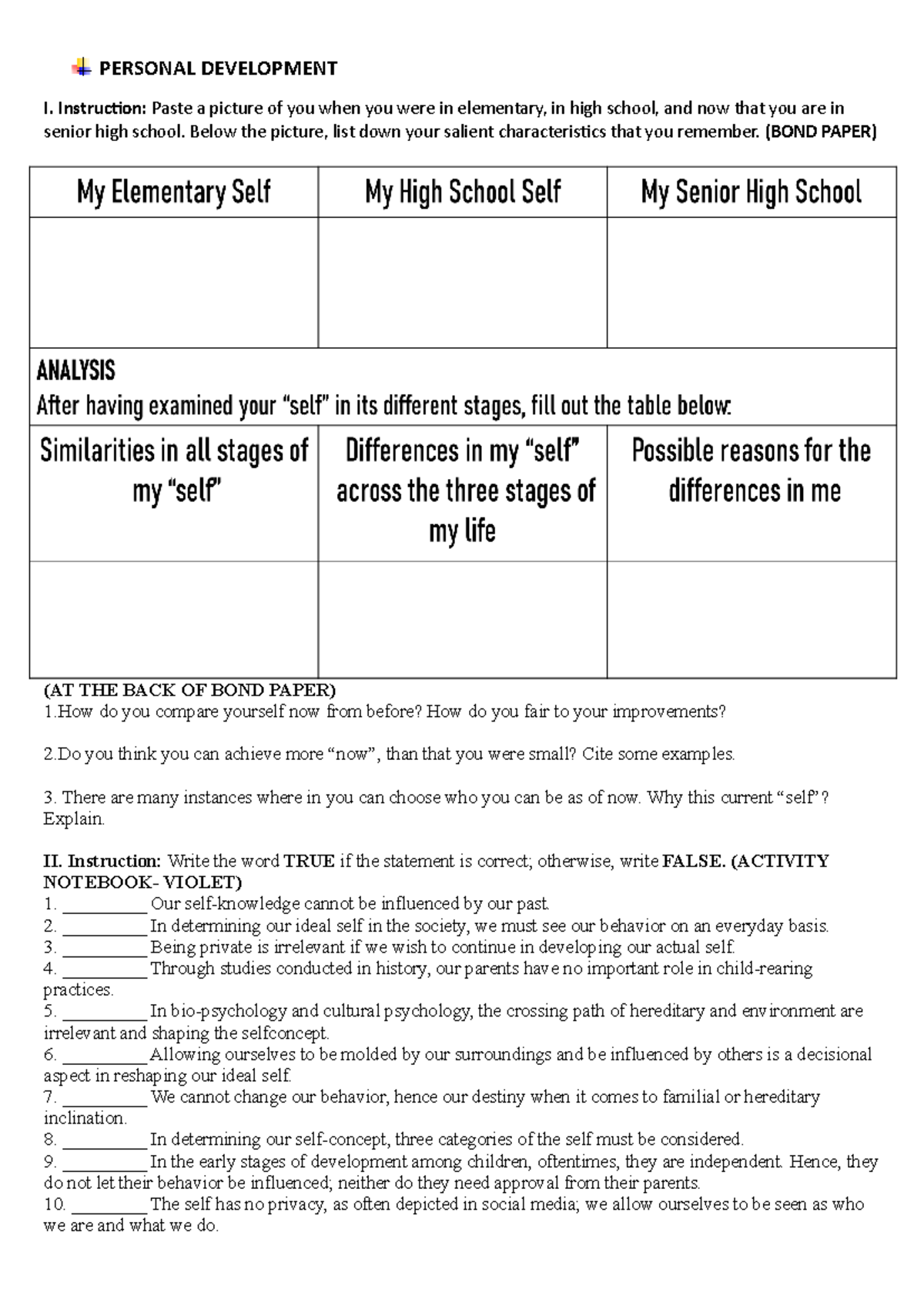 Personal Development - Worksheet for PERDEV - PERSONAL DEVELOPMENT I ...