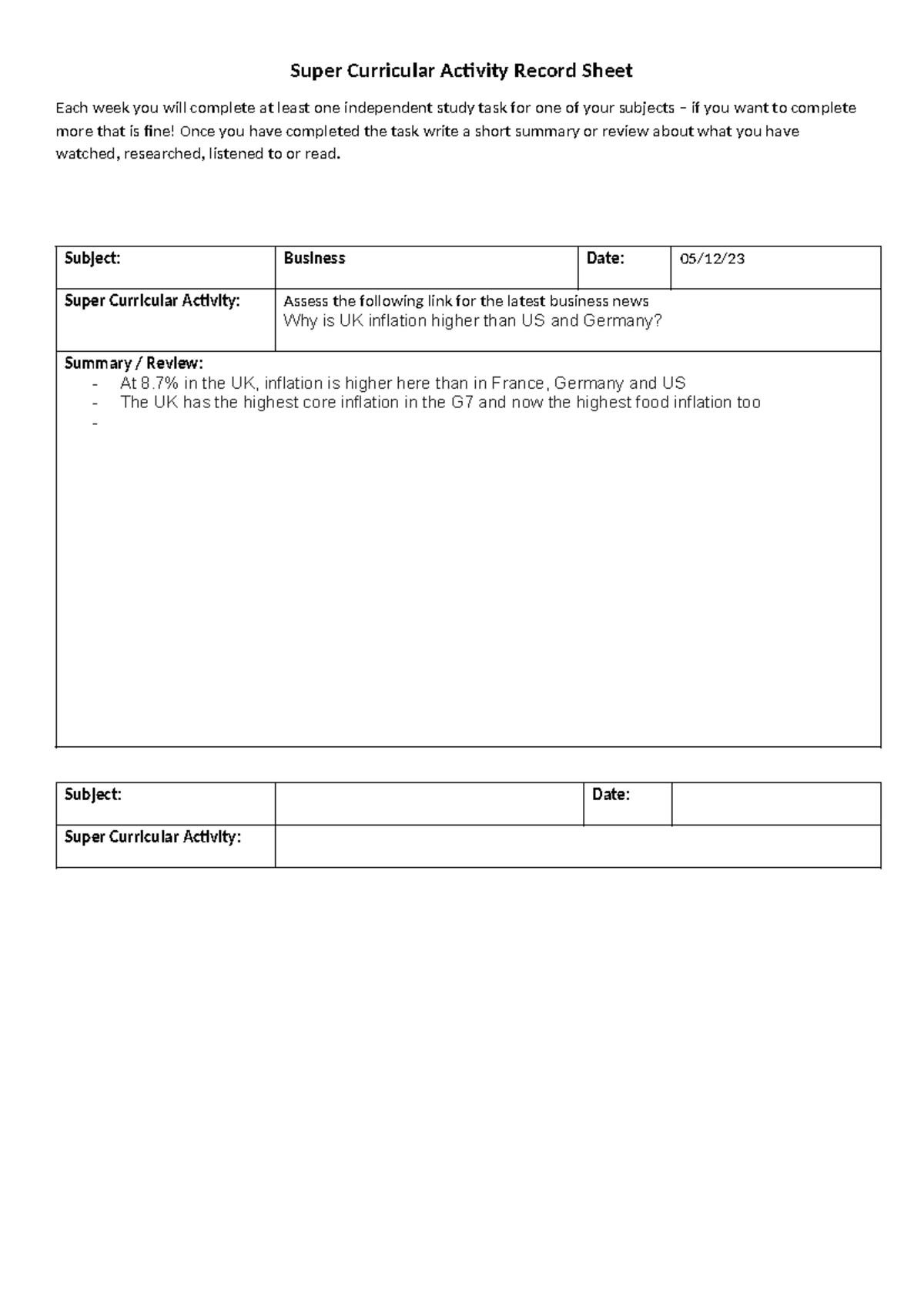Independent Study Task Record Sheet - Super Curricular Activity Record ...