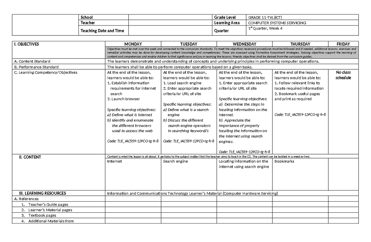 1Q DLL CSS11 week4 - Week 4 Daily Lesson Log on Computer Systems Servicing 1 - School Grade ...