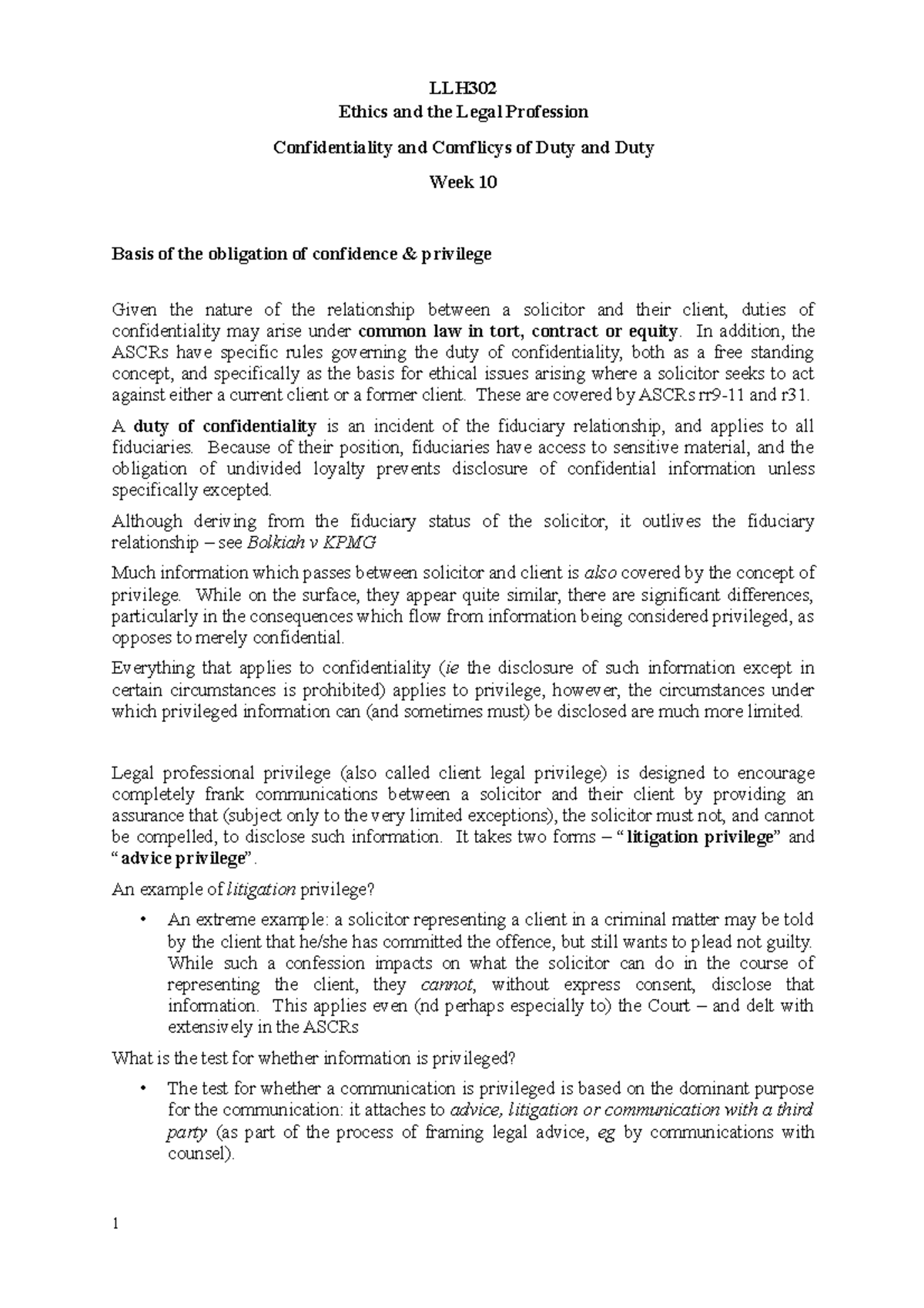 LLH302 2022 Week 10 Workbook - Confidentiality and Conflicts of Duty ...