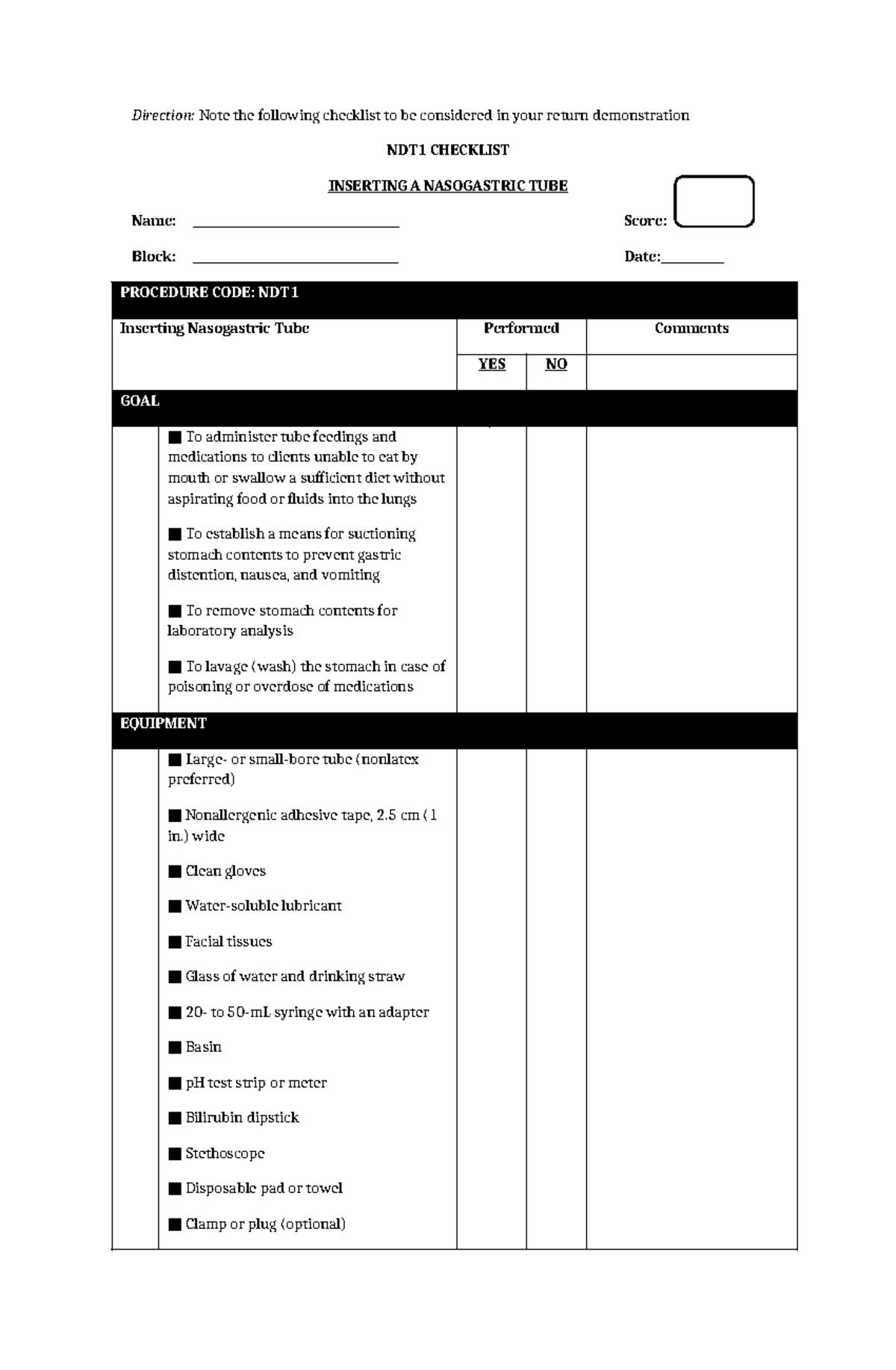 Inserting-NGT - retdem - Direction: Note the following checklist to be ...
