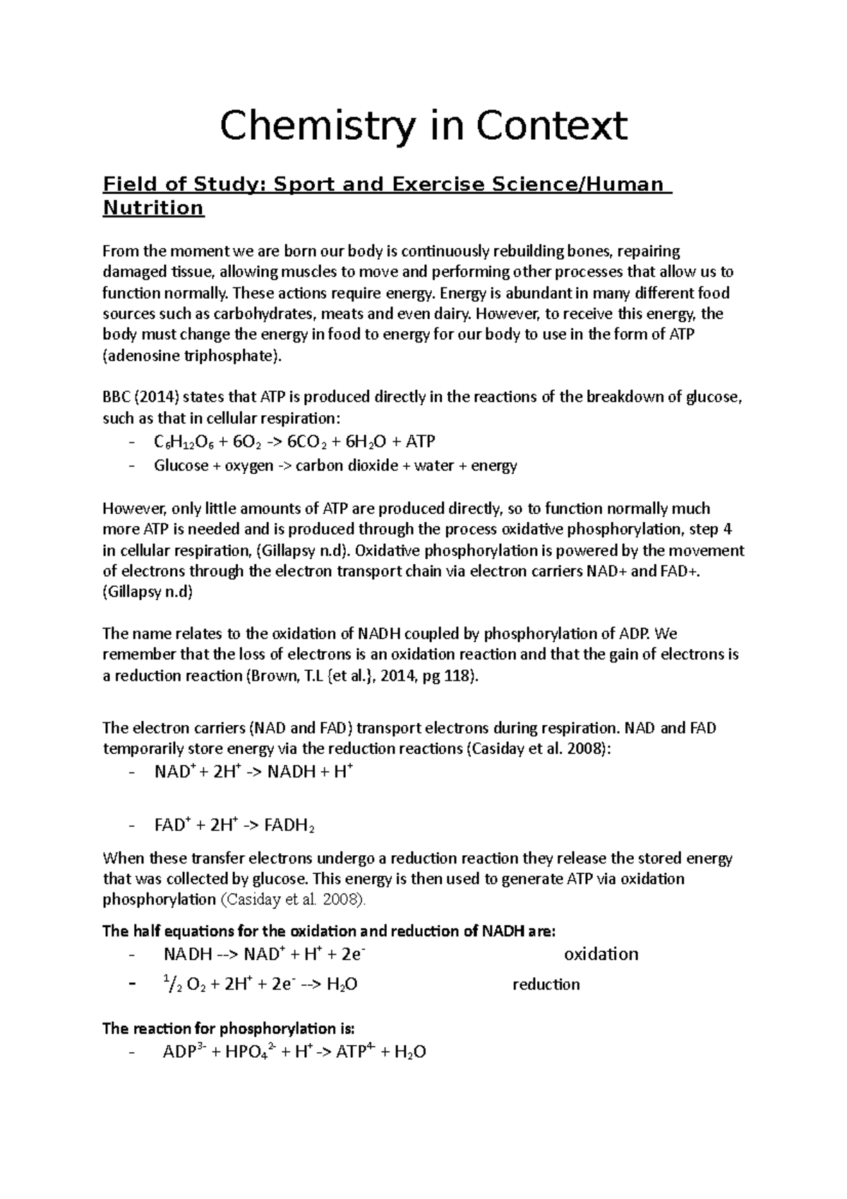 Chemistry in Context - Chemistry in Context Field of Study: Sport and ...