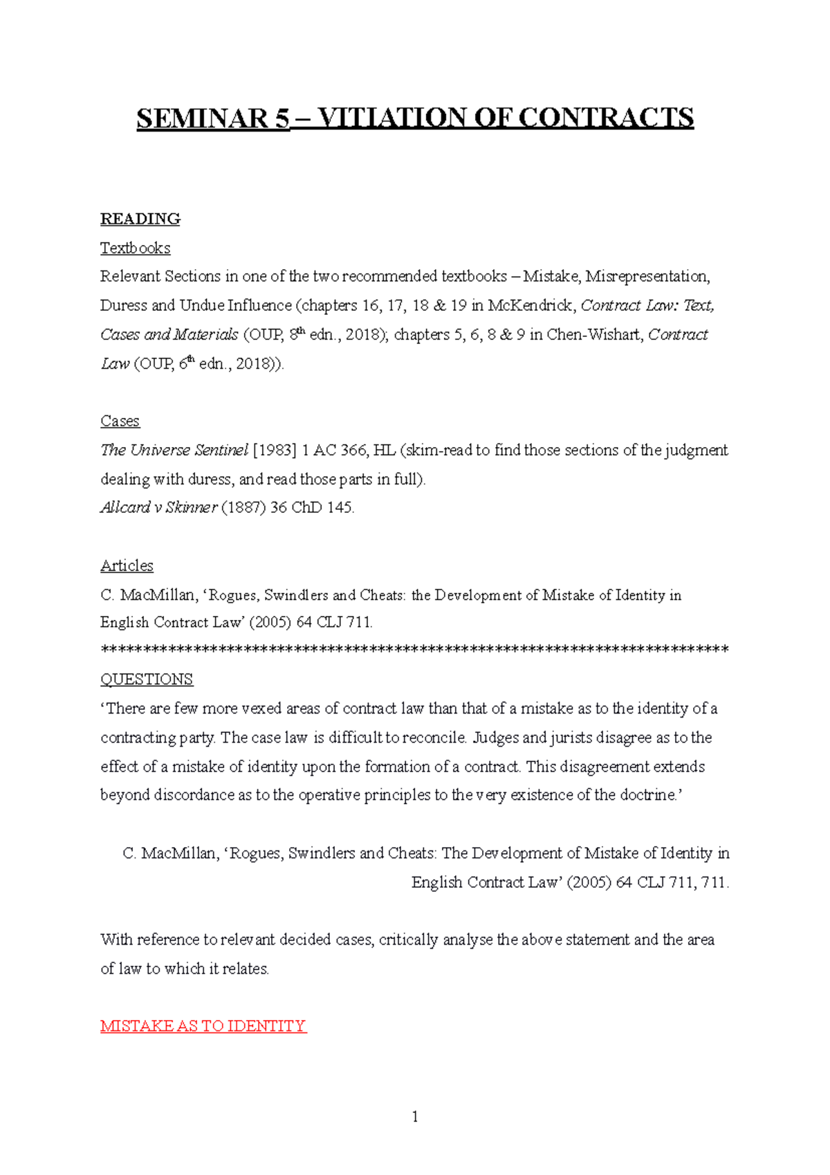 5 - Vitiation of Contracts Notes - SEMINAR 5 – VITIATION OF CONTRACTS ...