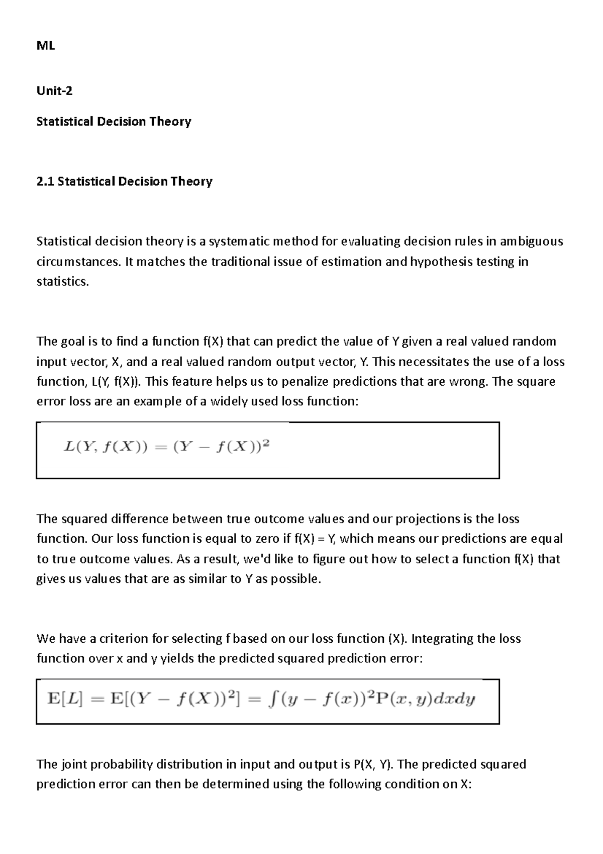 ML unit 2 - ML Unit- Statistical Decision Theory 2 Statistical Decision ...
