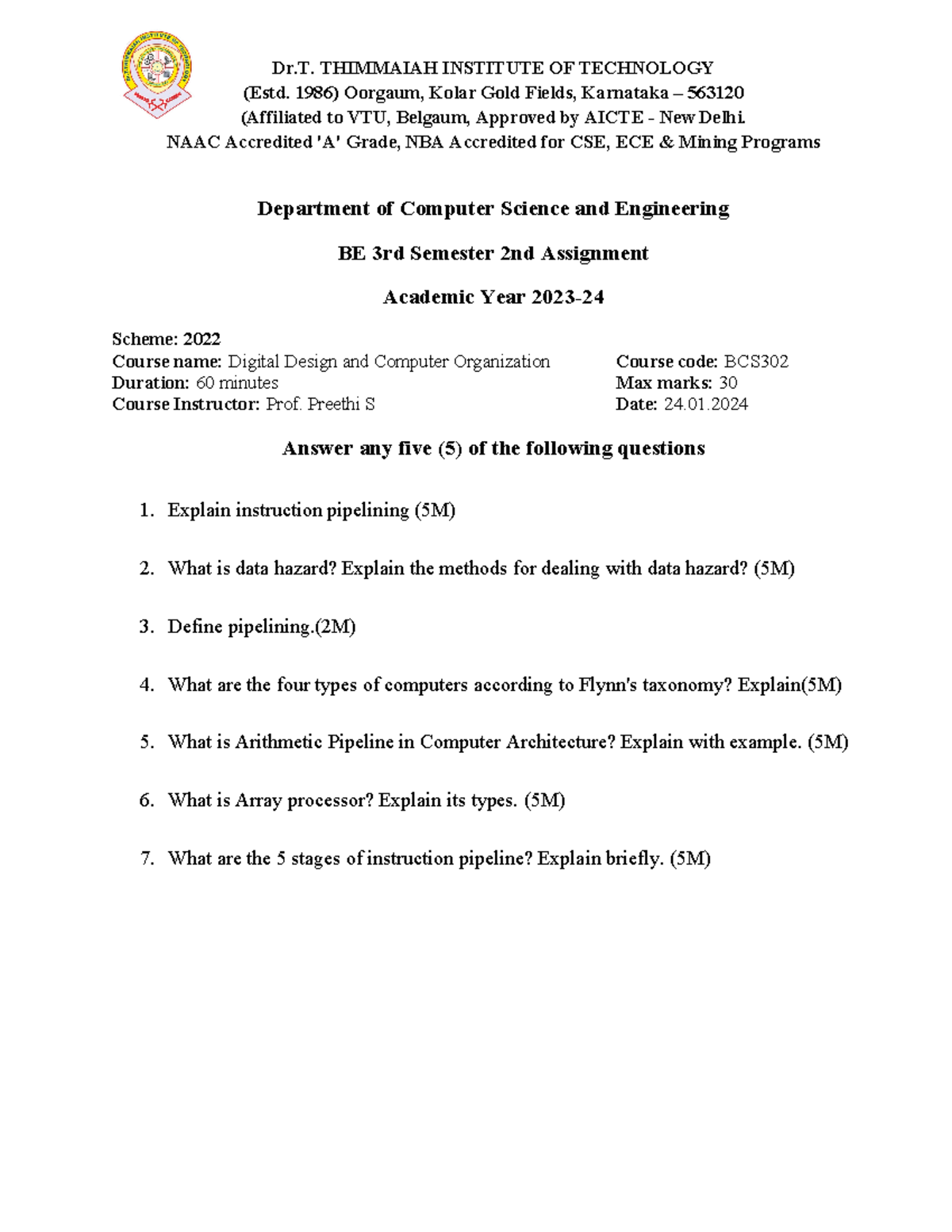 Assignment 2 DDCO - Dr. THIMMAIAH INSTITUTE OF TECHNOLOGY (Estd. 1986) Oorgaum, Kolar Gold ...