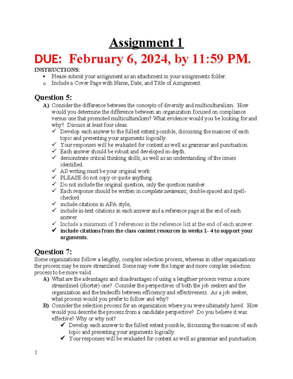 Week 4 Assignment 1 Instructions - Assignment 1 DUE: February 6, 2024, by 11:59 PM. INSTRUCTIONS ...