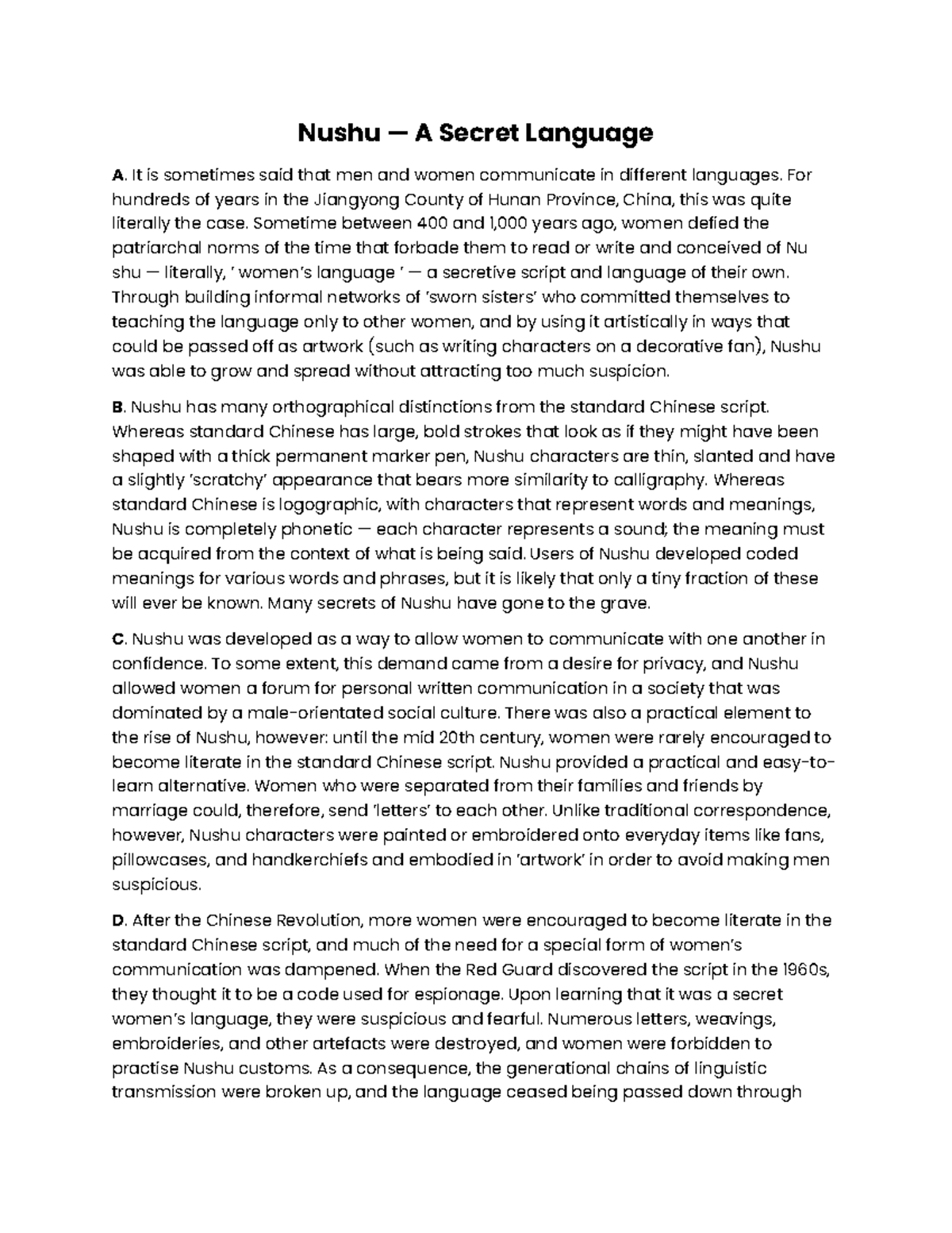 348Nushu - A Secret Language - Nushu — A Secret Language A. It is ...
