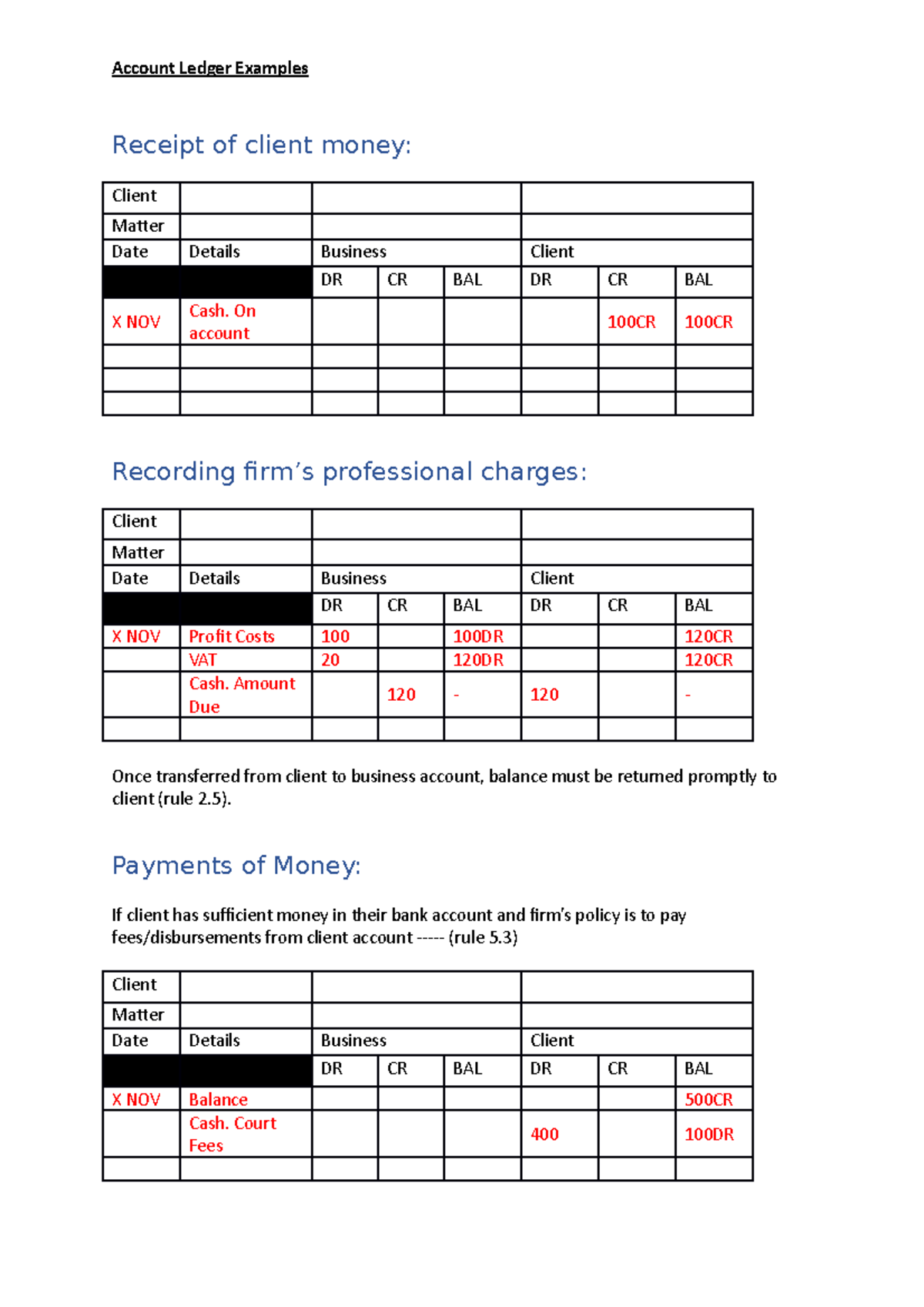 Account Ledger Examples - Receipt of client money: Client Matter Date ...