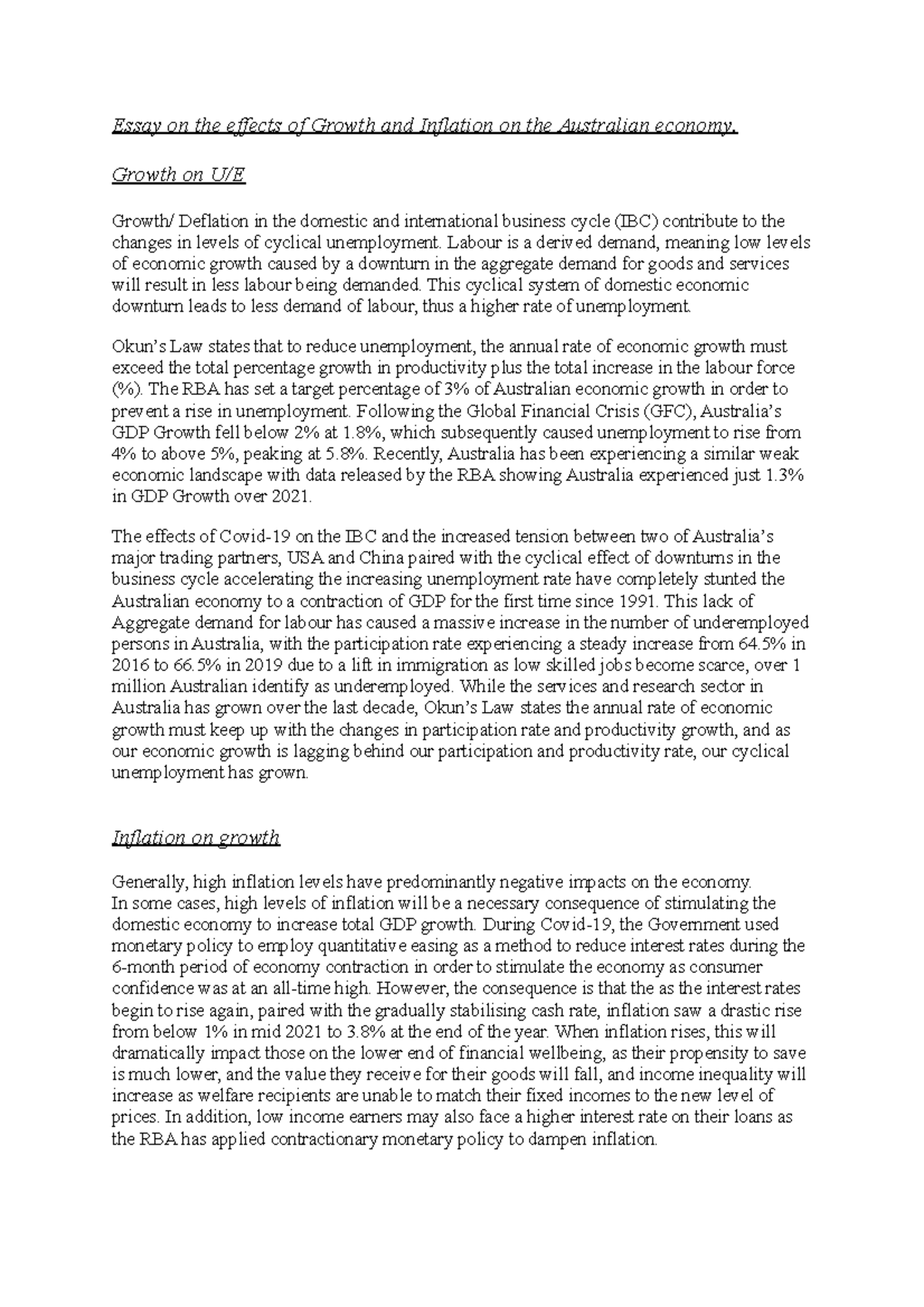 Economics Essay - Essay on the effects of Growth and Inflation on the ...