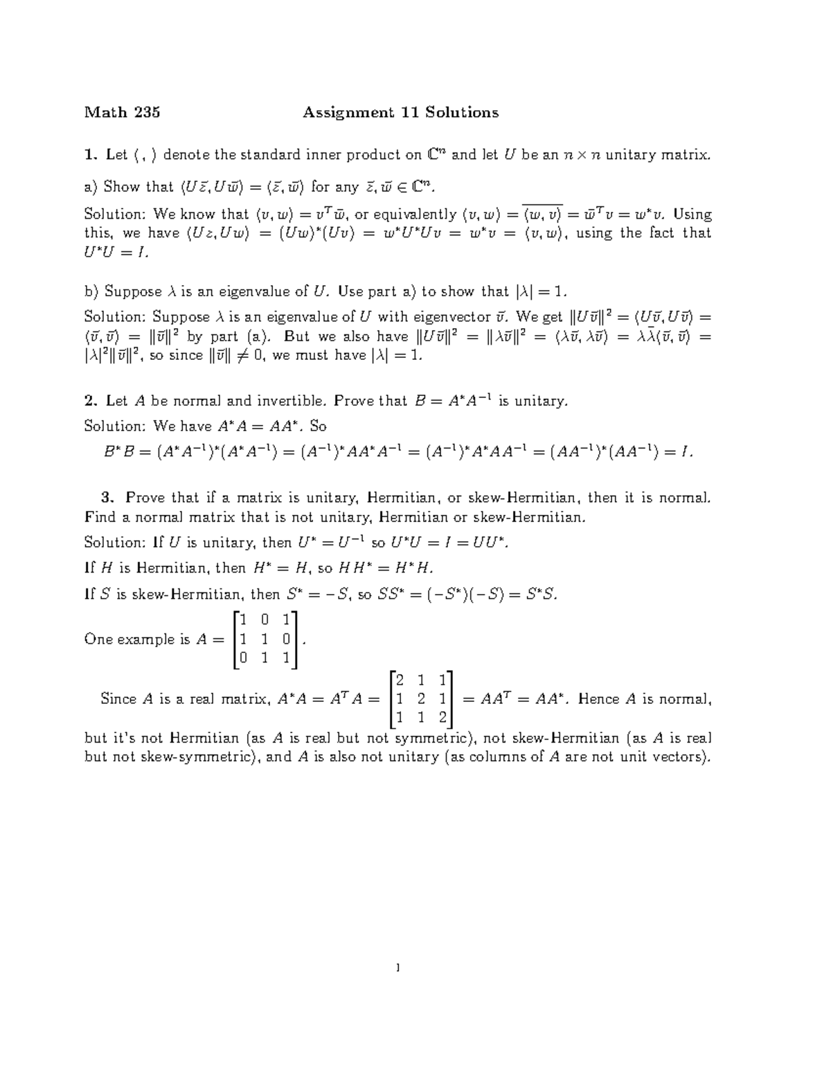 A11 Solution - assignment - Math 235 Assignment 11 Solutions 1〈,〉denote the standard inner ...