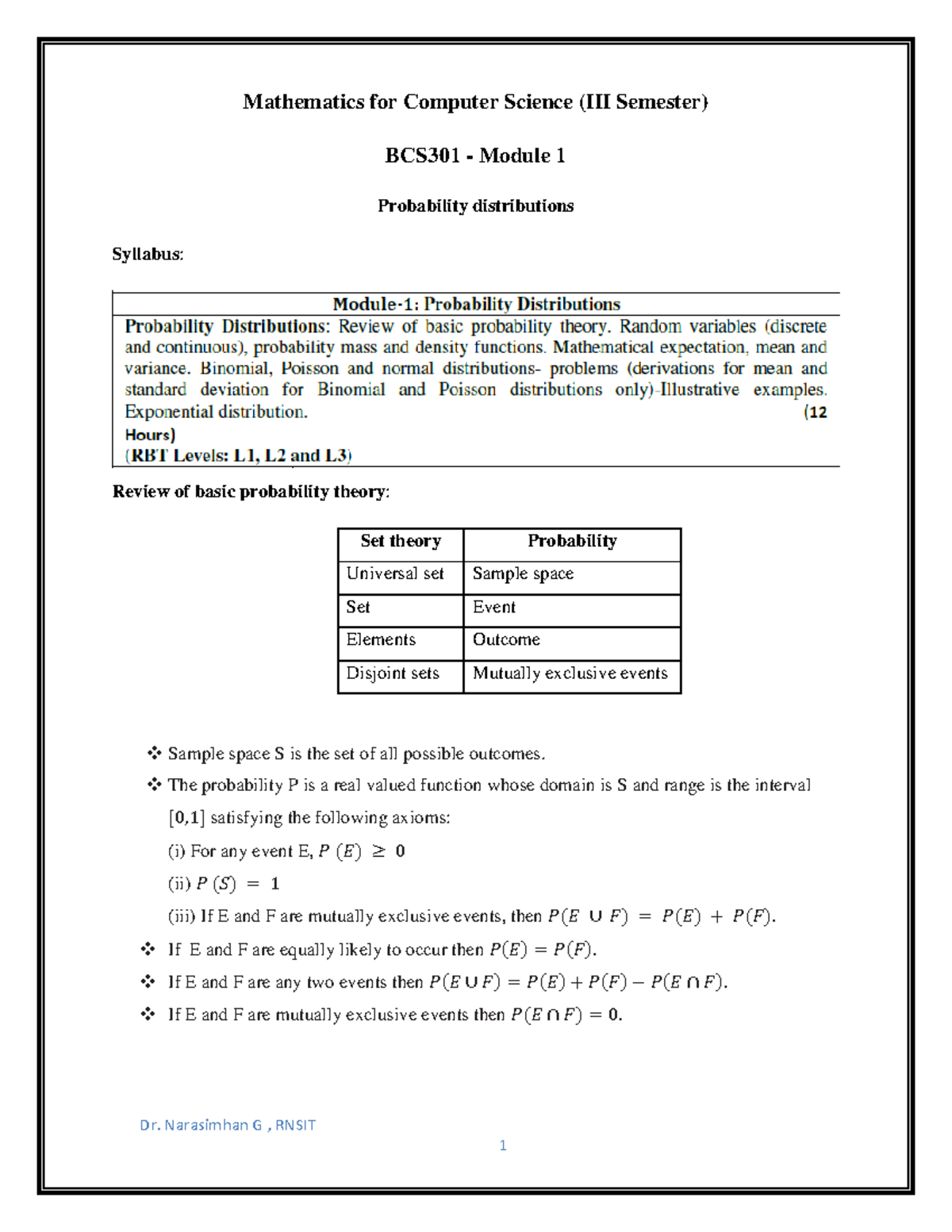 BCS301 - Module 1 - MTHSS - Dr. Narasimhan G , RNSIT Mathematics for Computer Science (III ...