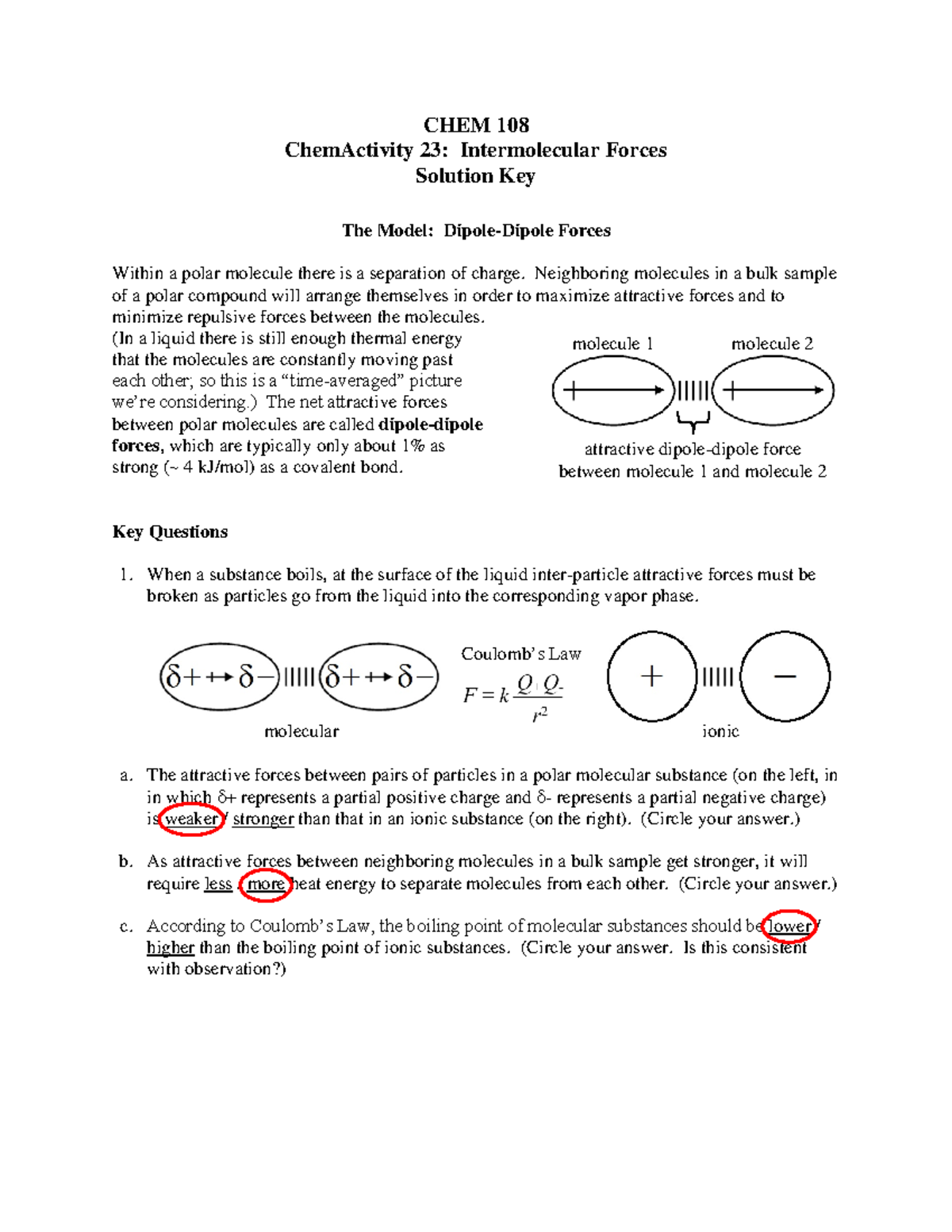 CHM108 CA23 Soln Key Sp21 - CHEM 108 ChemActivity 23: Intermolecular ...