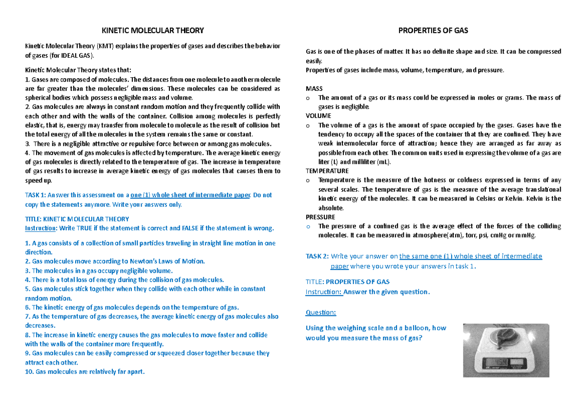 Reading Material GAS LAWS - KINETIC MOLECULAR THEORY Kinetic Molecular ...