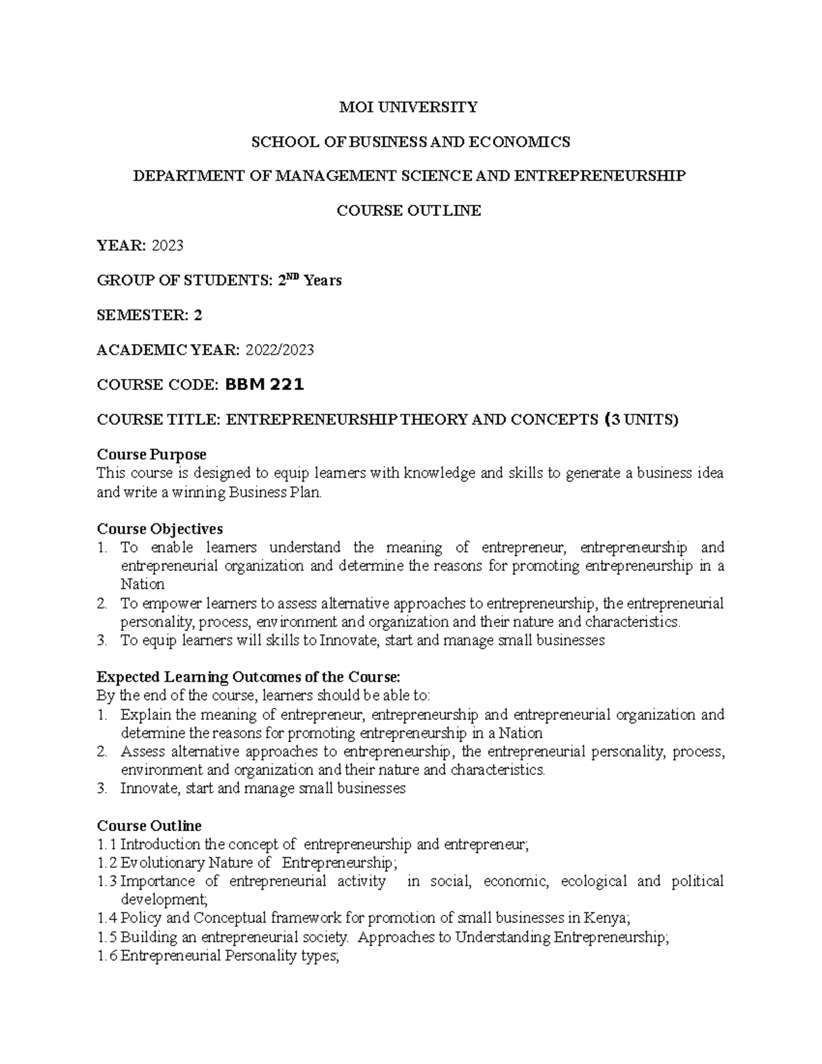 BBM 221- Course Outline 2023 - MOI UNIVERSITY SCHOOL OF BUSINESS AND ...