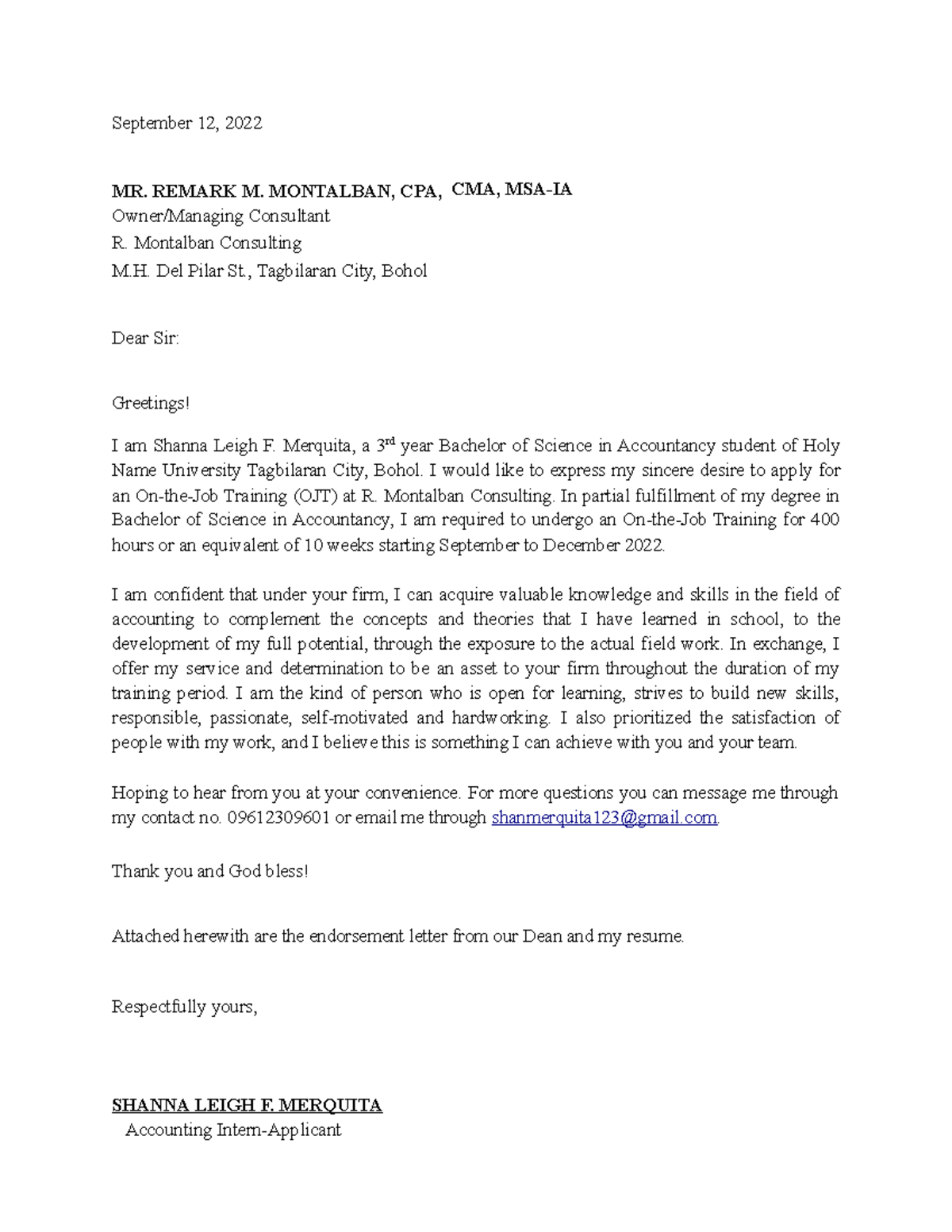 Application Letter - September 12, 2022 MR. REMARK M. MONTALBAN, CPA ...