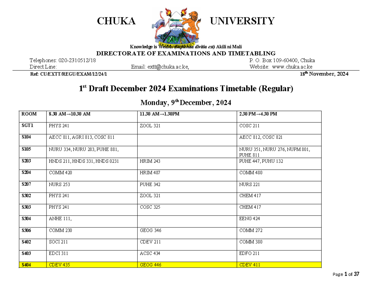 1st Draft December 2024 Regular Examinations Timetable - CHUKA ...
