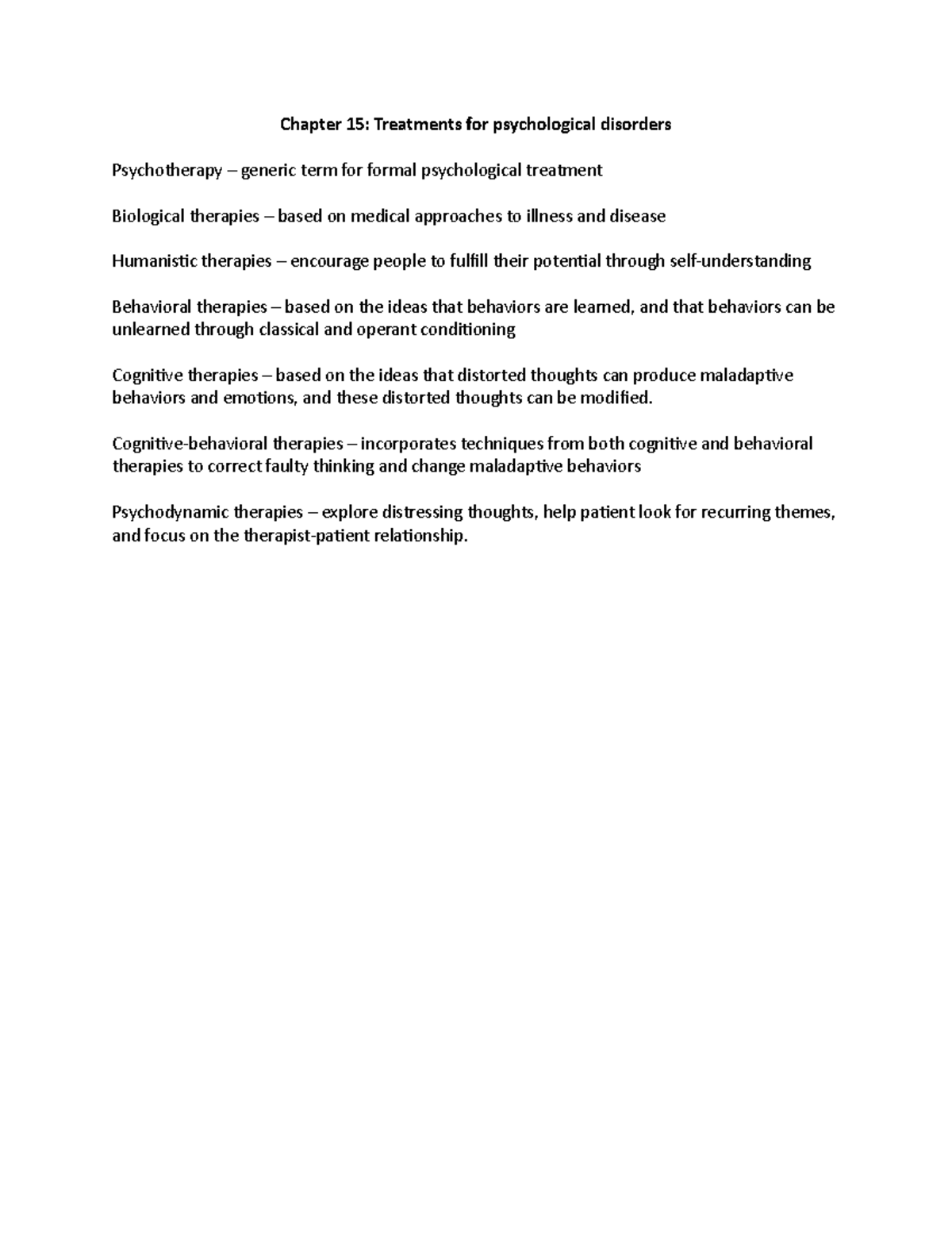 CLPS0010 Treatment for Psychological Disorders Notes - Chapter 15 ...