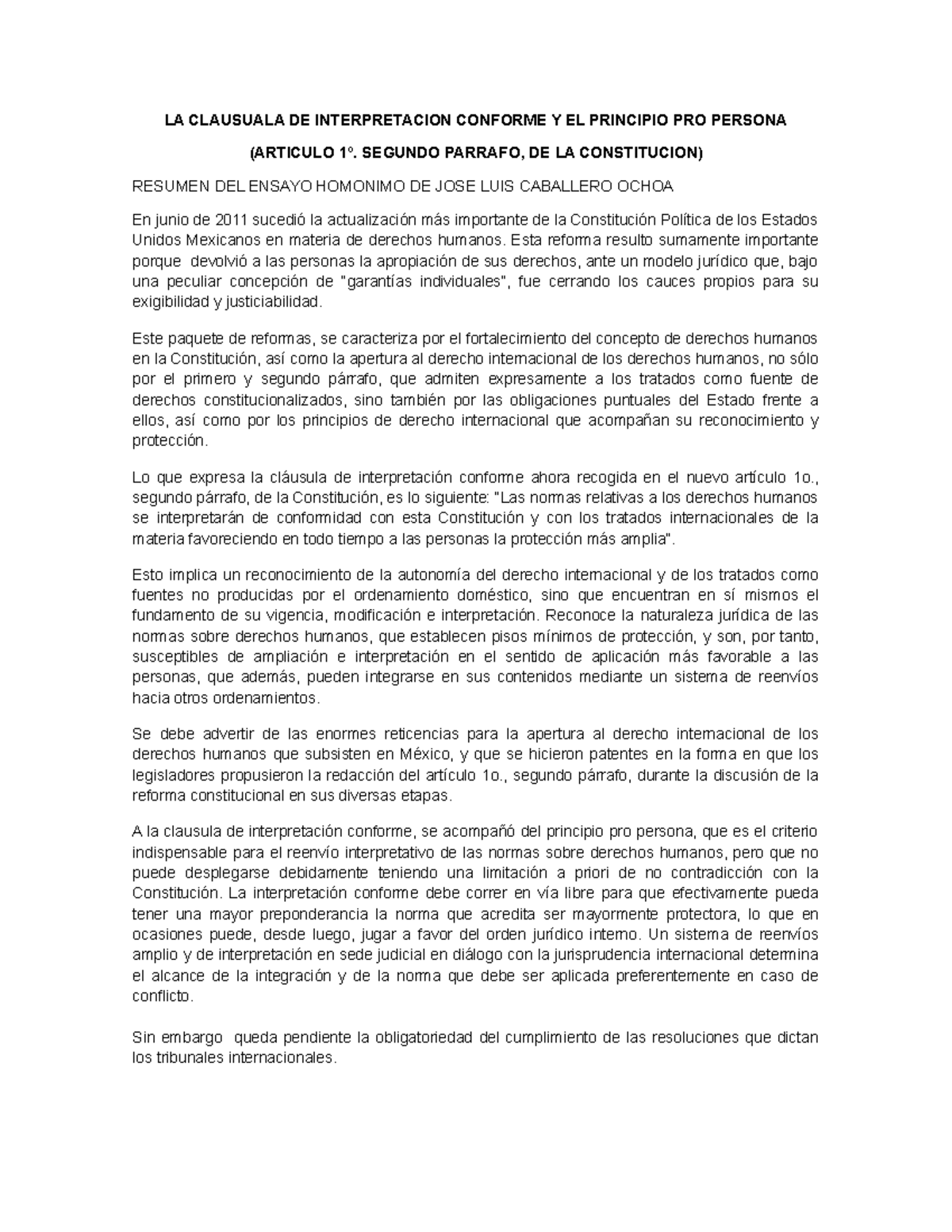 Clausula DE Interpretacion Conforme Y Principio PRO Persona - LA ...