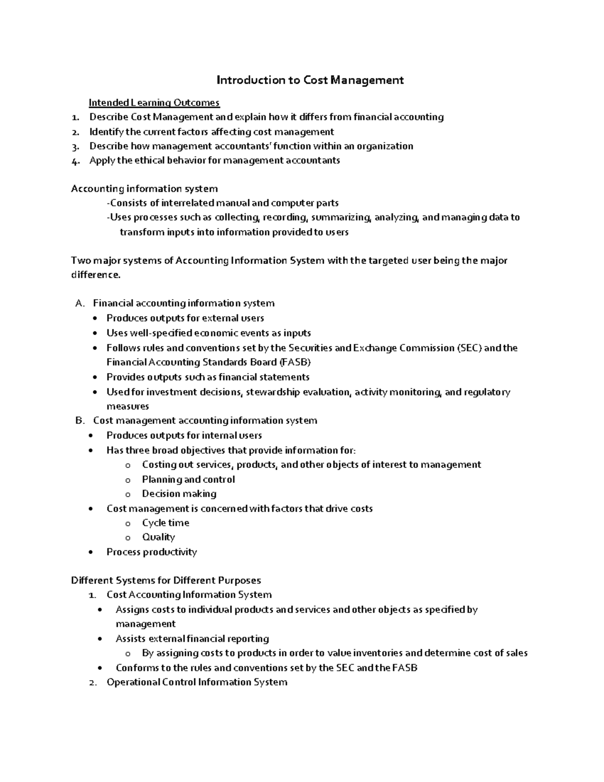 Chapter 1 - Lecture notes 1 - Introduction to Cost Management Intended ...