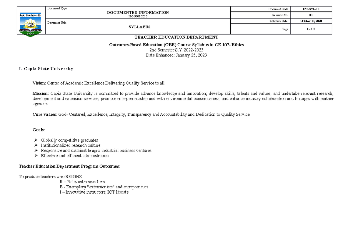 Ethics-syllabus-BEED - TEACHER EDUCATION DEPARTMENT Outcomes-Based ...