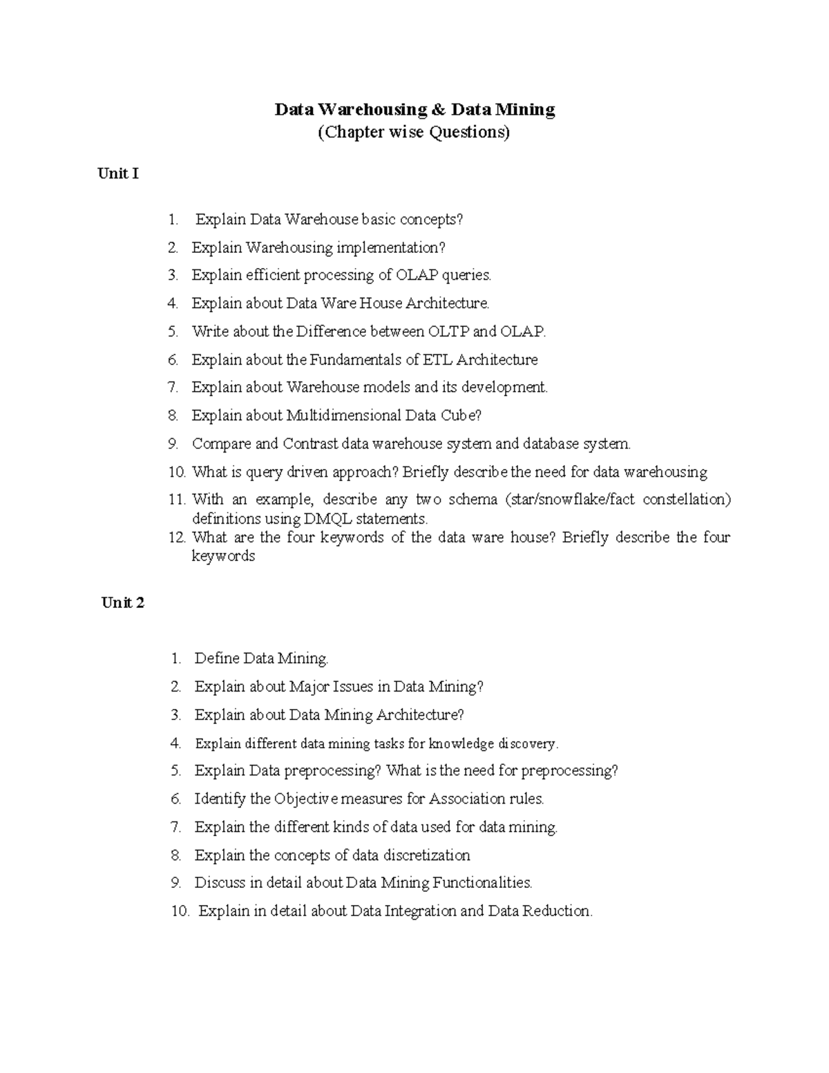 Question Bank - I'm did not share about anything - Data Warehousing & Data Mining (Chapter wise ...