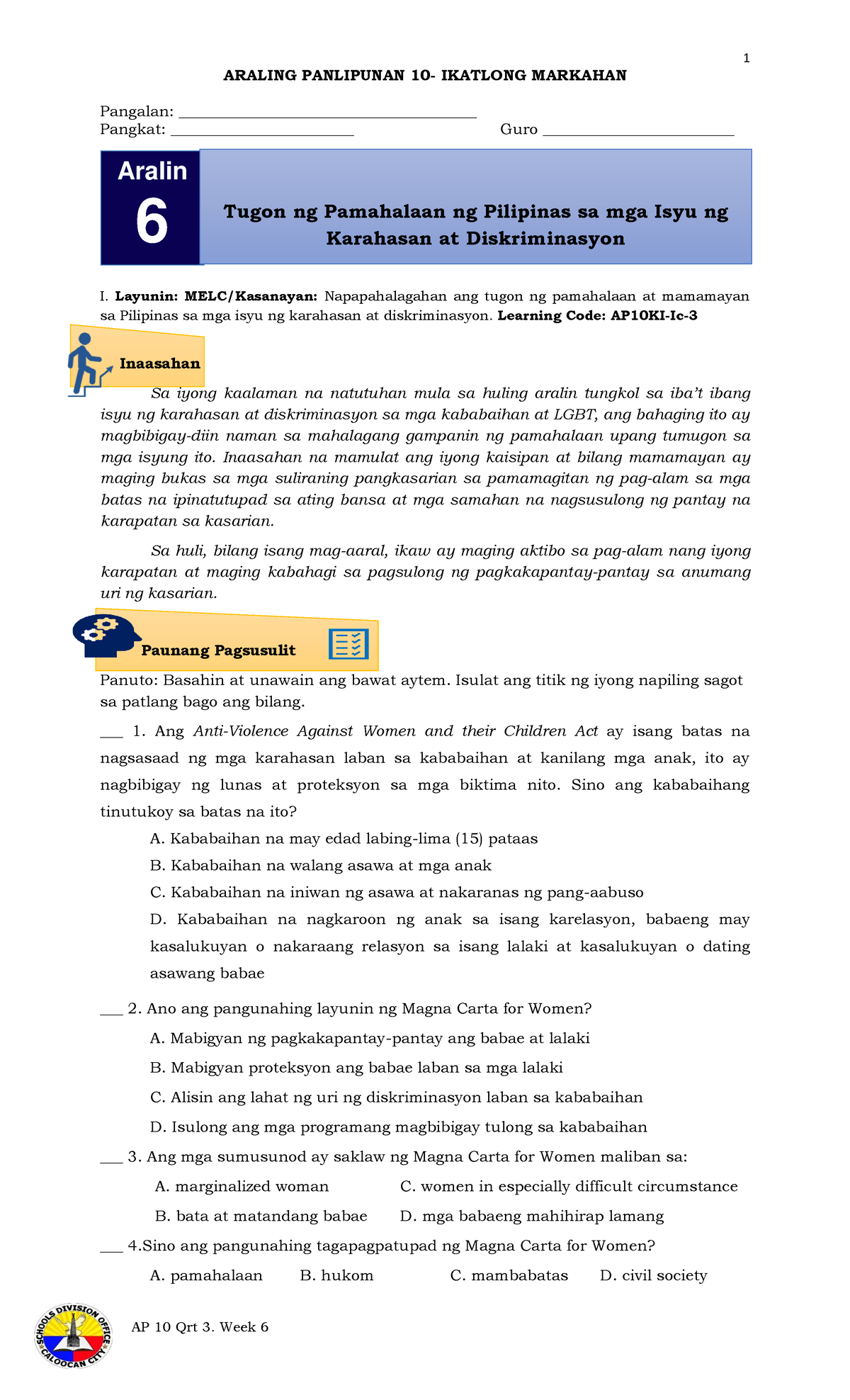 AP 10 Q3 Week 6 1 - information - ARALING PANLIPUNAN 10- IKATLONG ...