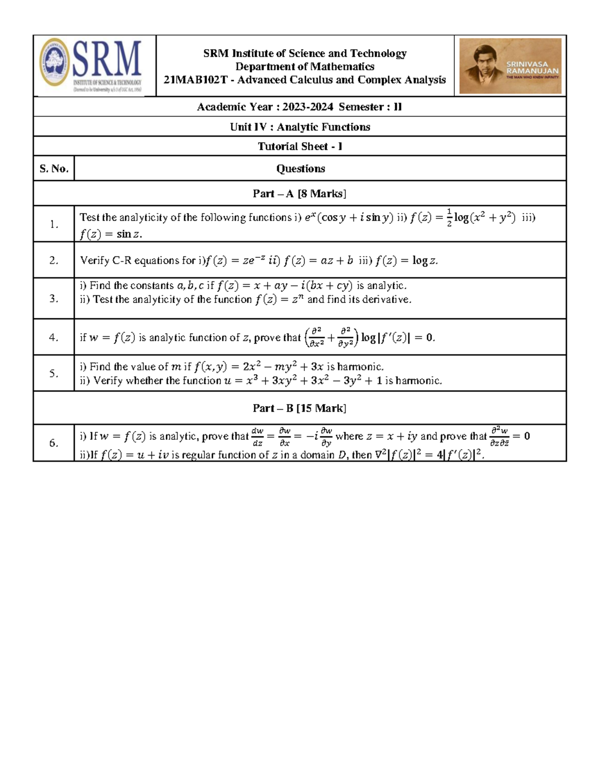 Tutorial 1 Unit-4 21MAB102T 2023-24 - SRM Institute of Science and ...