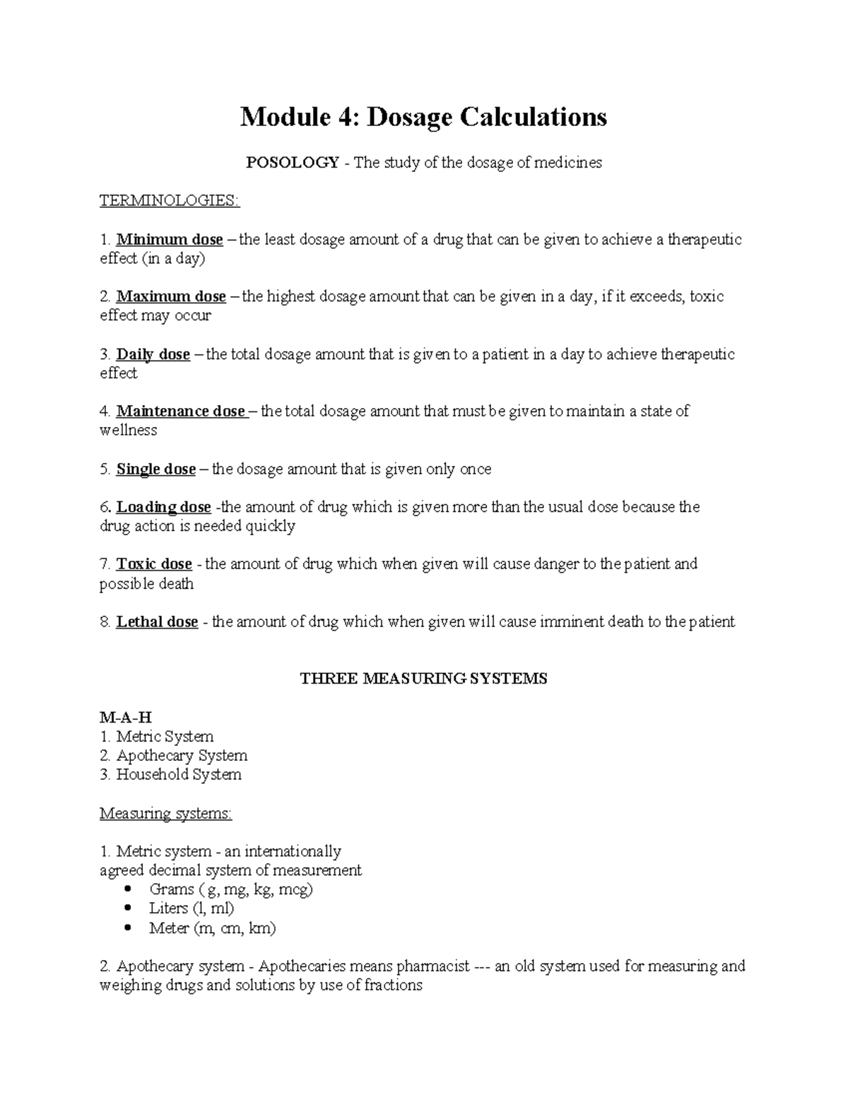 Module 4 - P Harmacology - Module 4: Dosage Calculations POSOLOGY - The ...