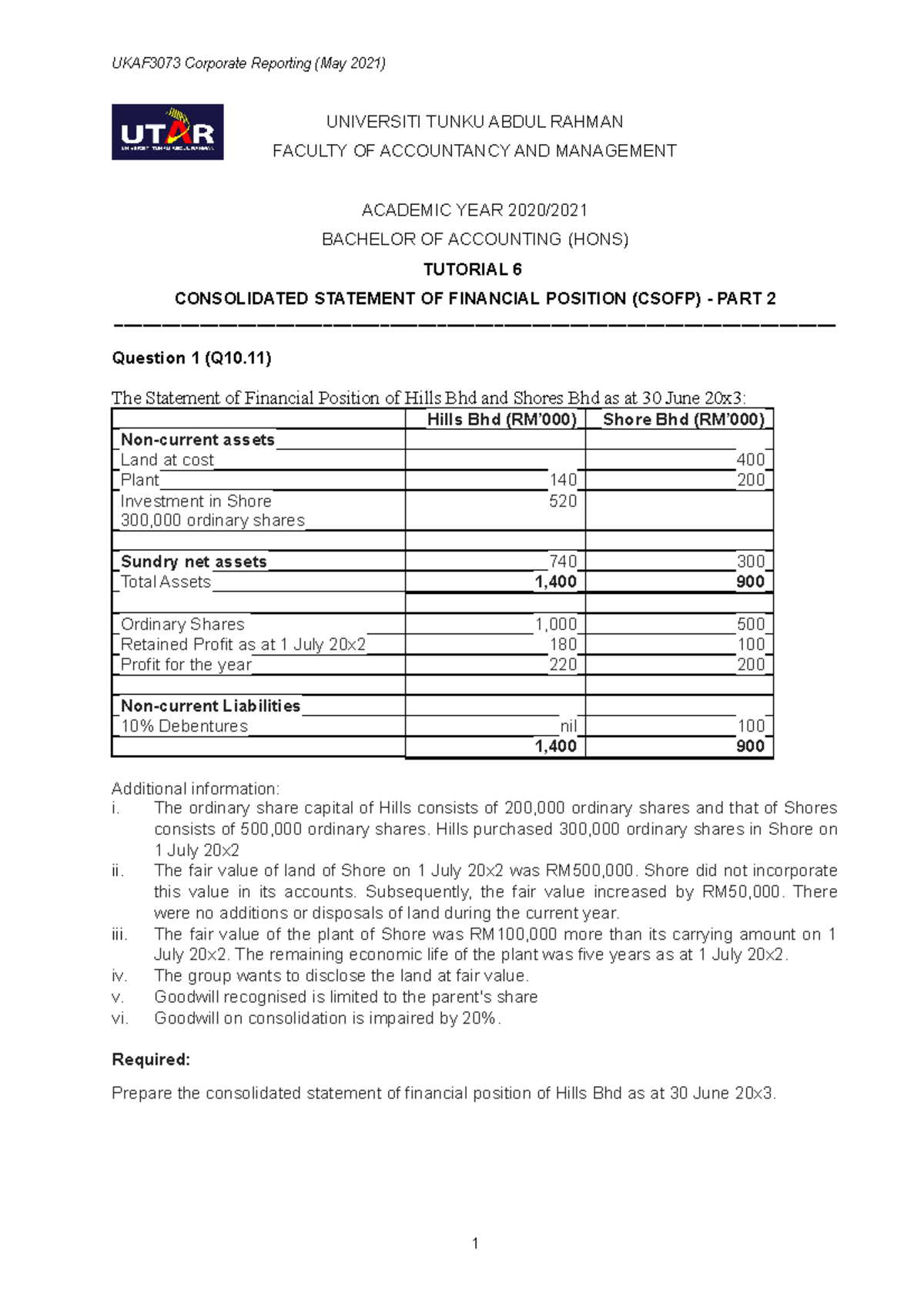 Tutorial 6 - CONSOLIDATED STATEMENT OF FINANCIAL POSITION (CSOFP ...