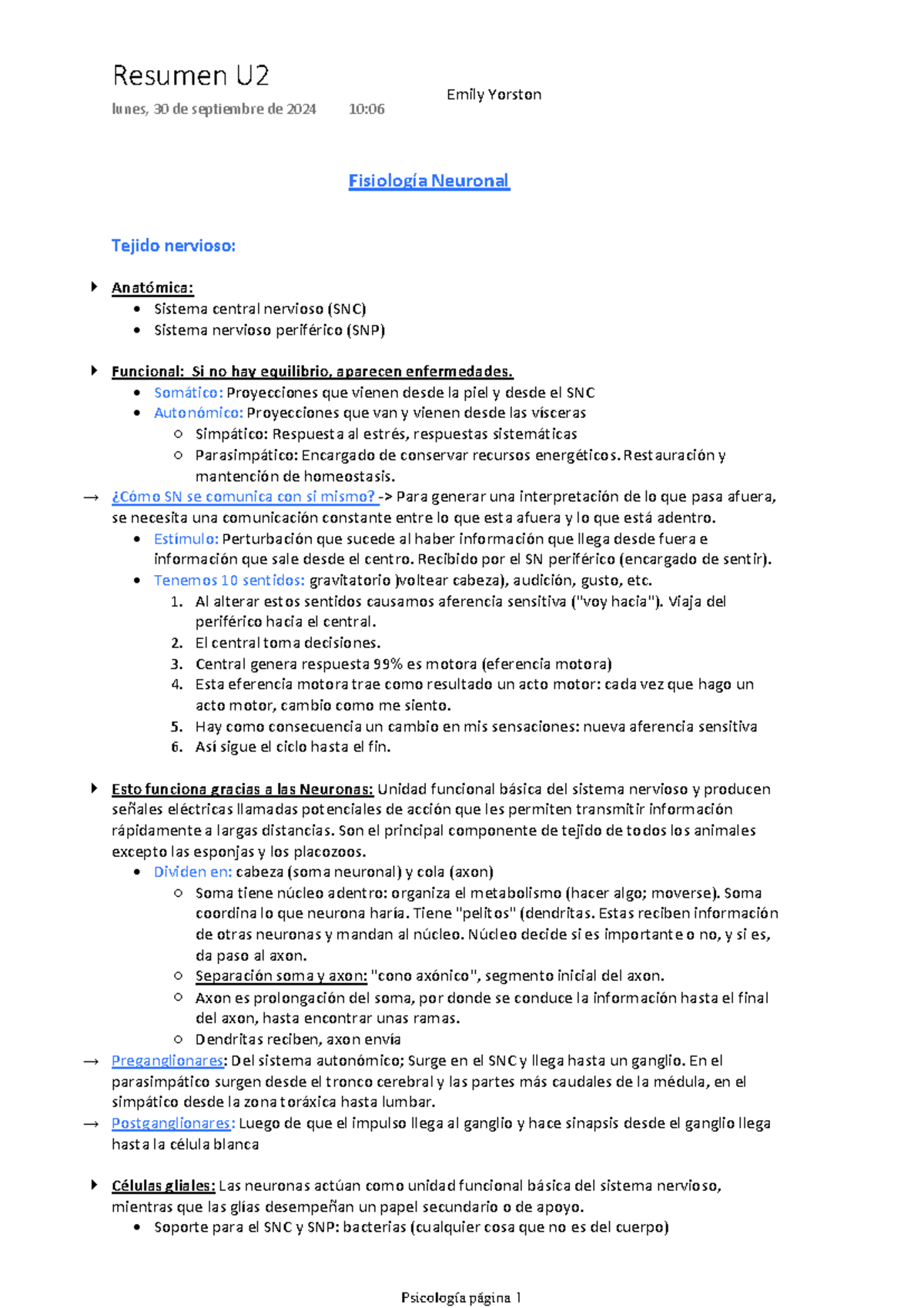Resumen U2 FUBI - Fisiología Neuronal Tejido nervioso: Anatómica: - Sistema central nervioso ...