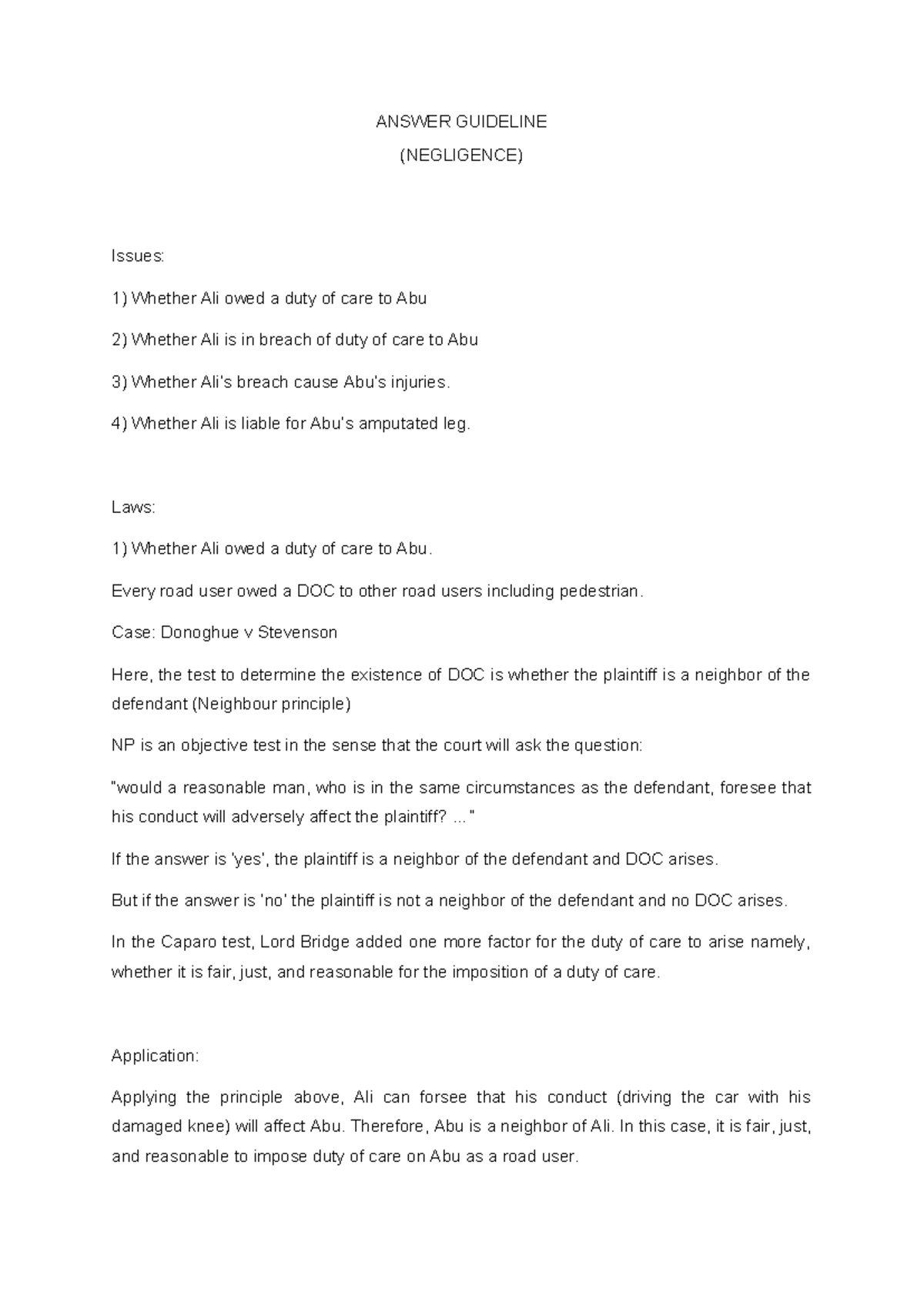 Answer Guideline ON Negligence (PBQ) - ANSWER GUIDELINE (NEGLIGENCE ...