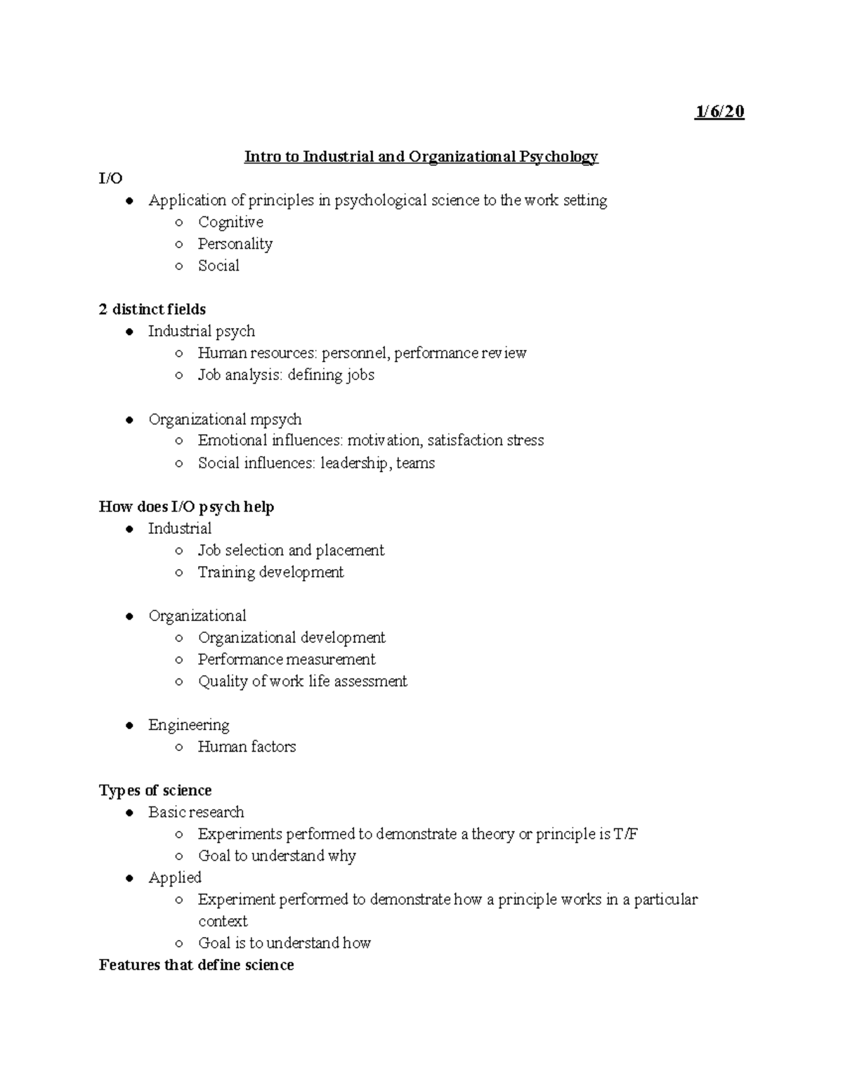 I/O Week 1 Notes - 1/6/ Intro to Industrial and Organizational ...