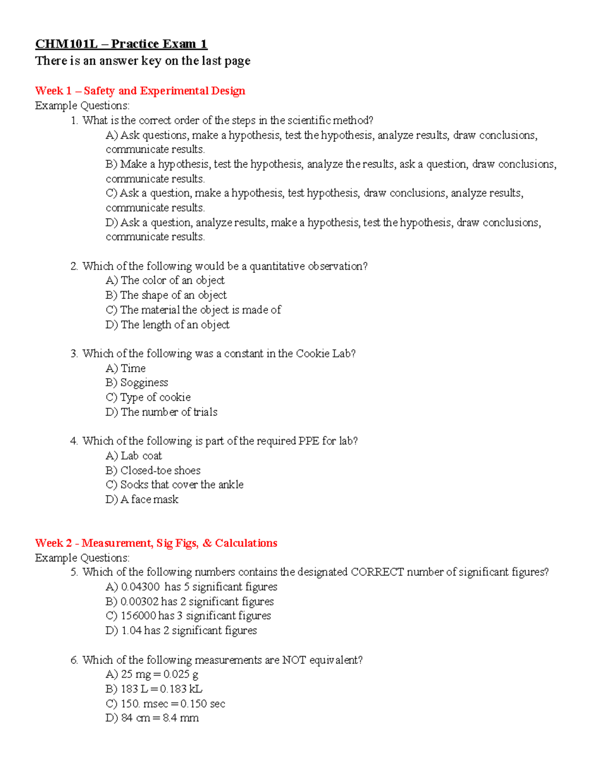 CHM101 Lab Practice Exam 1 F22 - CHM101L – Practice Exam 1 There is an ...