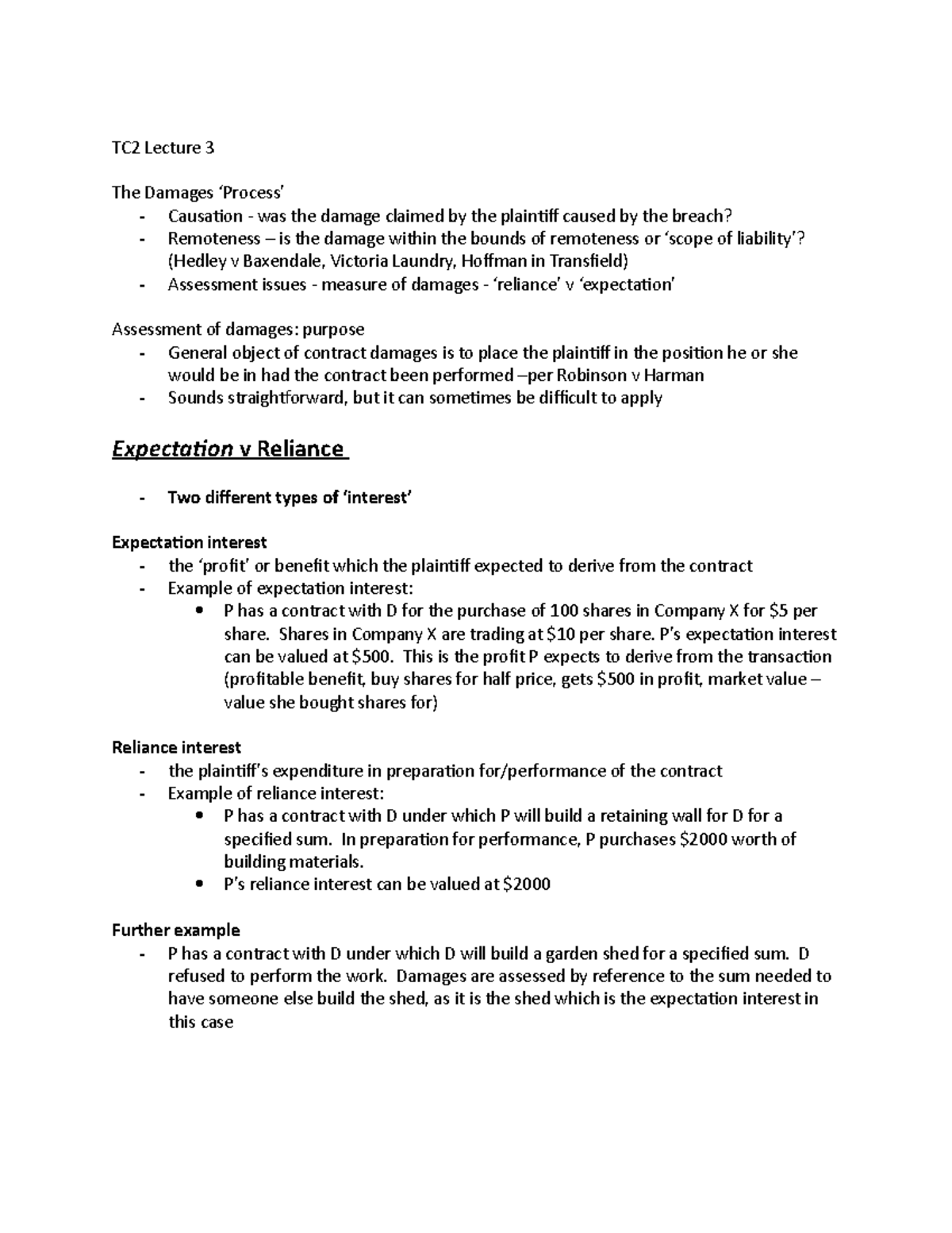 TC2-Lecture-3 - lecture 3 - TC2 Lecture 3 The Damages ‘Process’ - Causation - was the damage ...