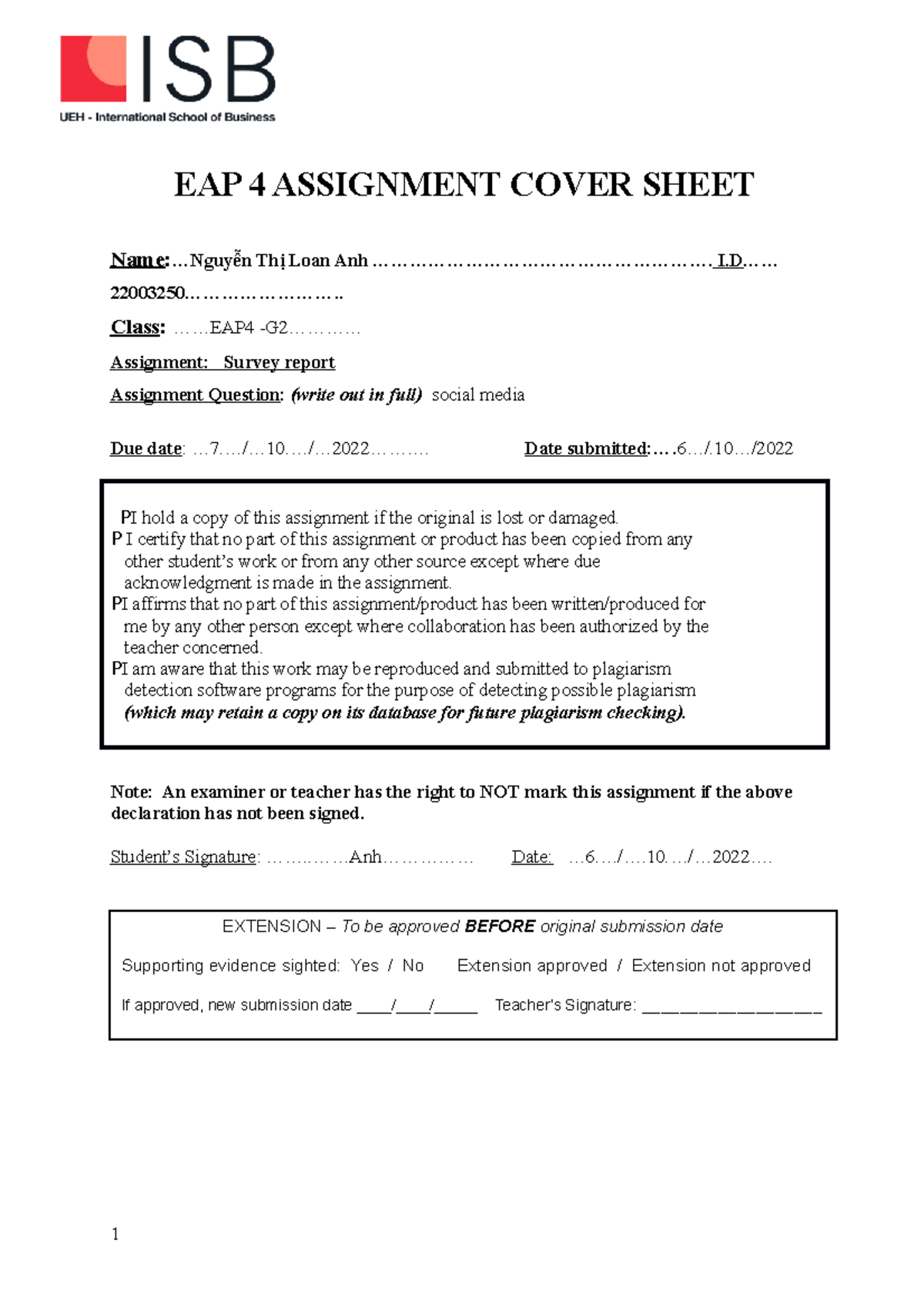 EAP4GP22-social media survey report - Nguyen Thi Loan Anh-22003 250 - EAP 4 ASSIGNMENT COVER ...