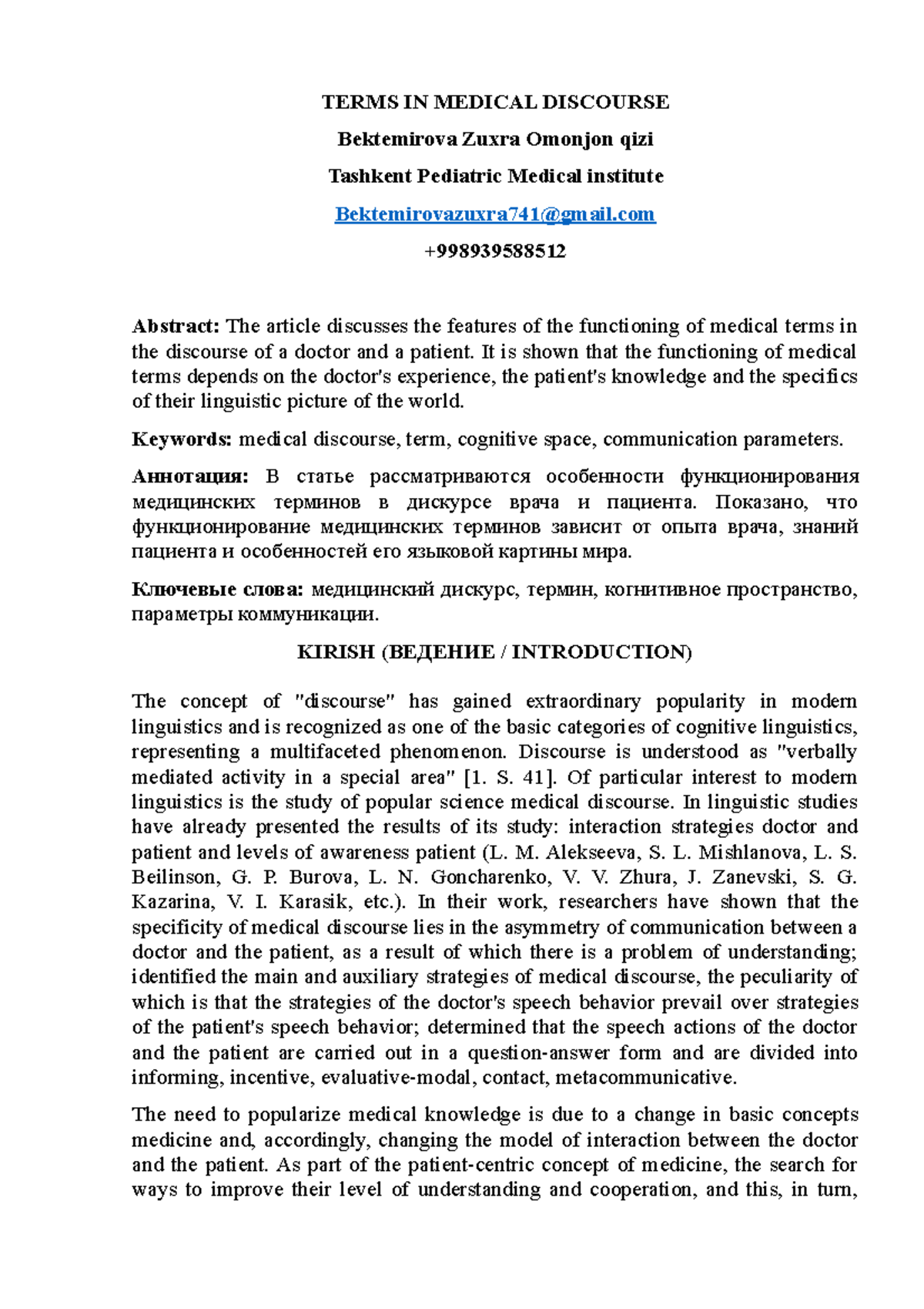 Terms IN Medical Discourse - TERMS IN MEDICAL DISCOURSE Bektemirova ...