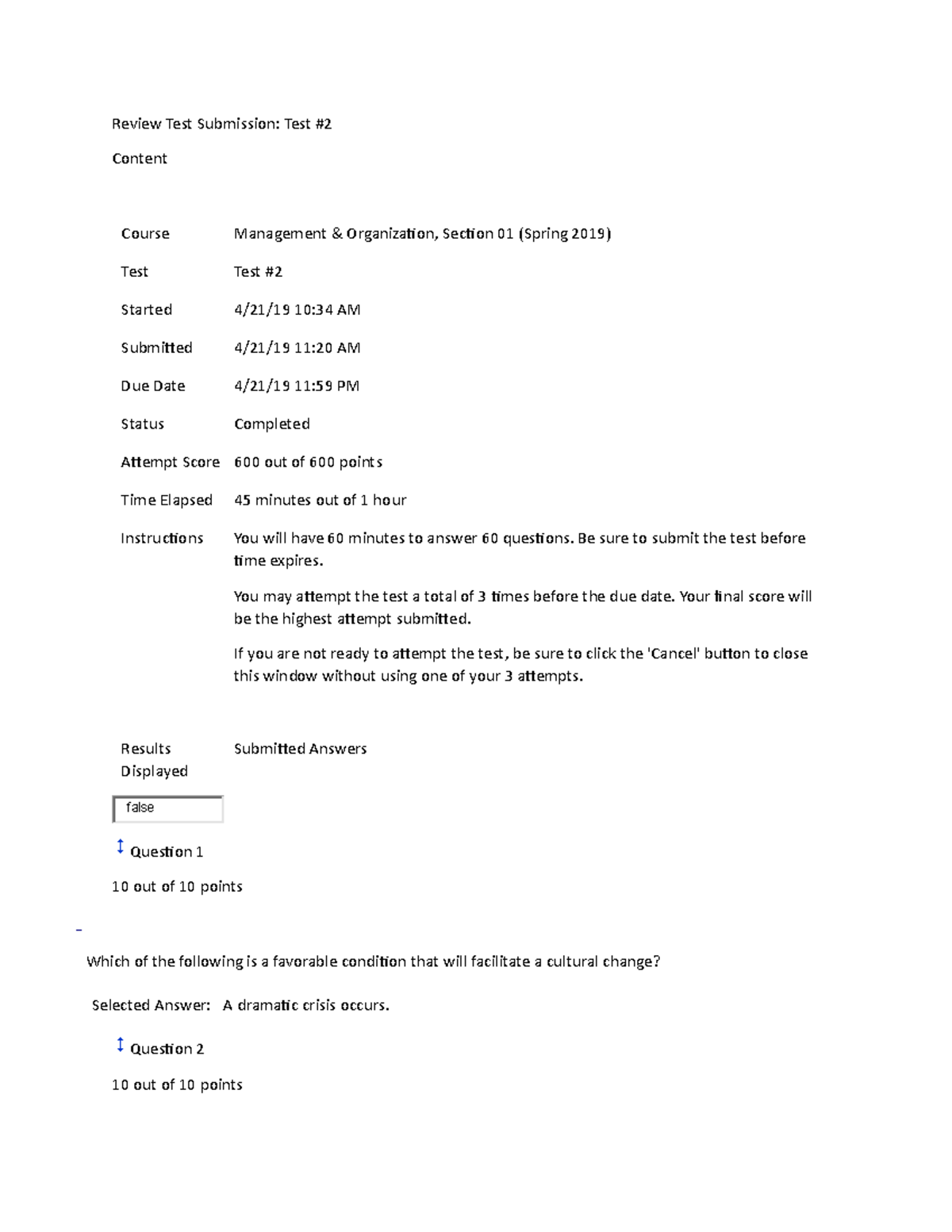 Management and Organization TEST 2 One Hundred Percent April 21 2019 ...