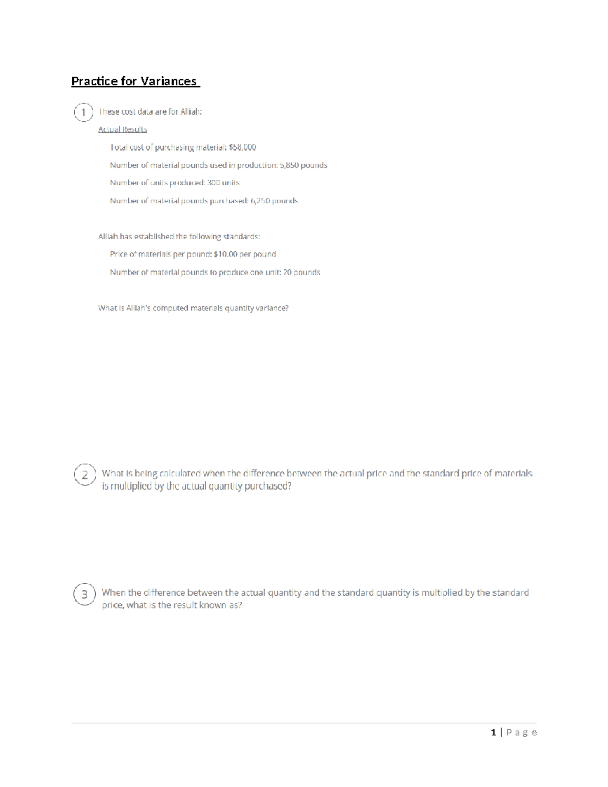 D101 - Practice for Variances - Practice for Variances 1. 1500 F 1 ...