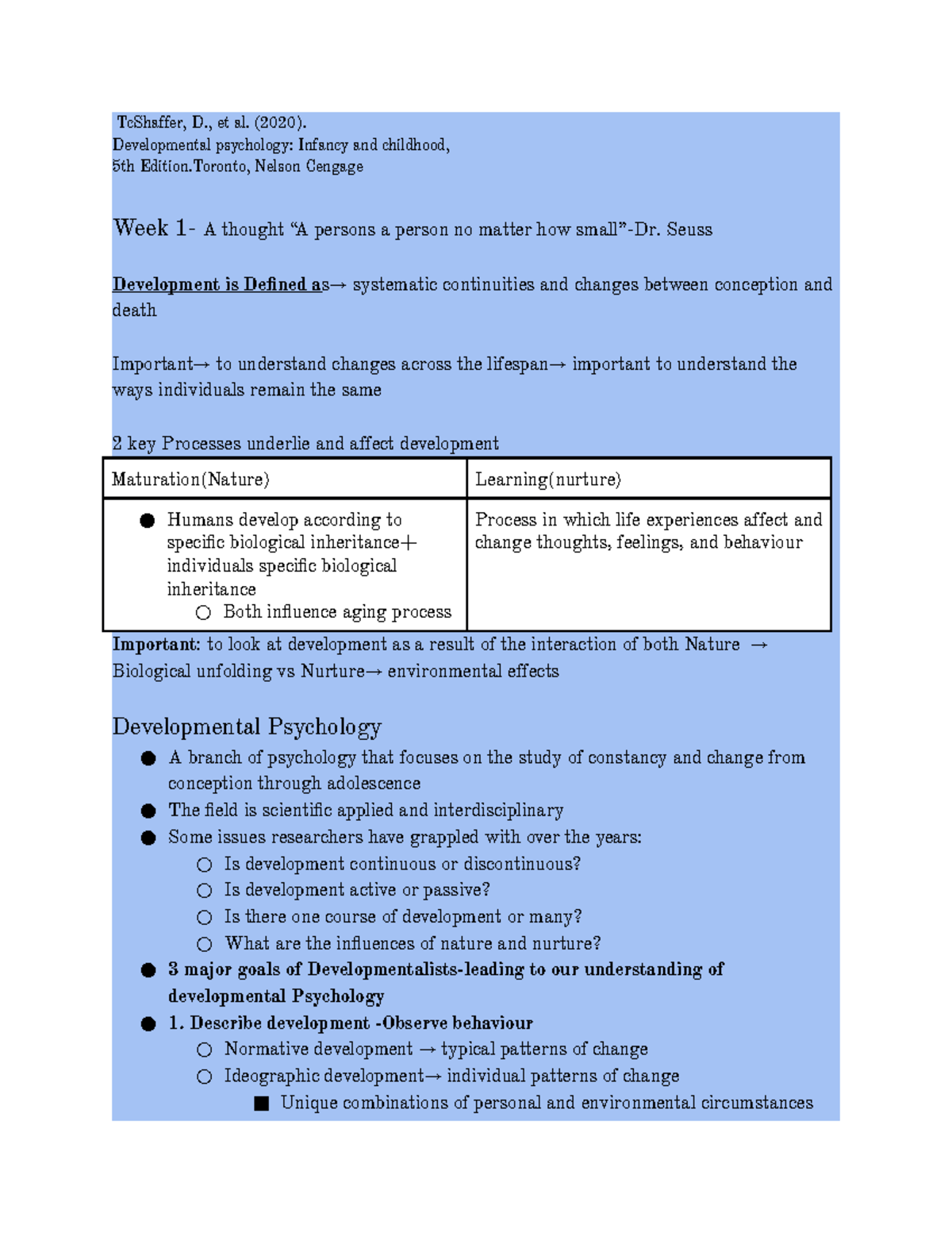 Developmental Psych - Lecture notes - TcShaffer, D., et al. (2020 ...