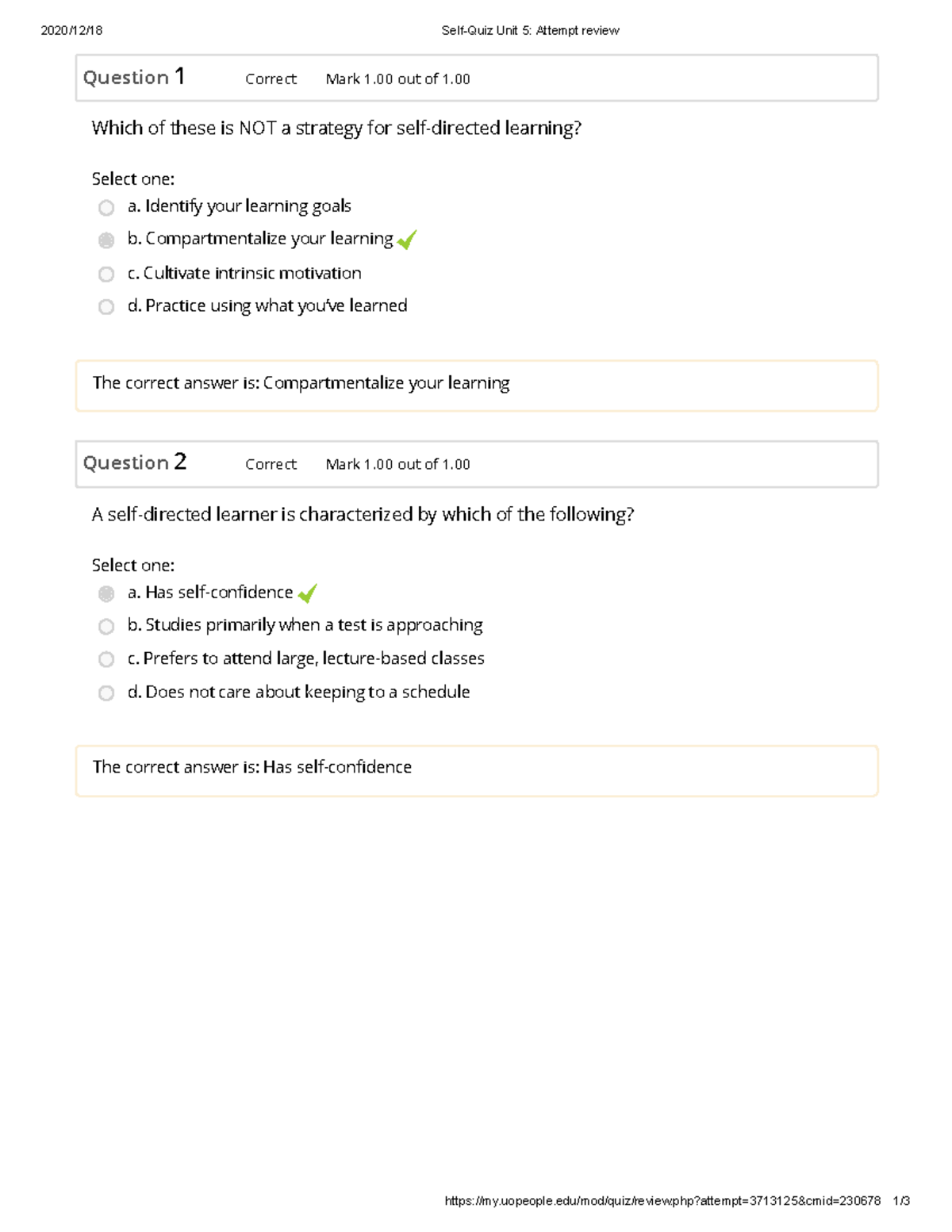 Self-Quiz Unit 5 Attempt review 3 - 2020/ 12/ 18 Self-Quiz Unit 5: Attempt review - Studocu