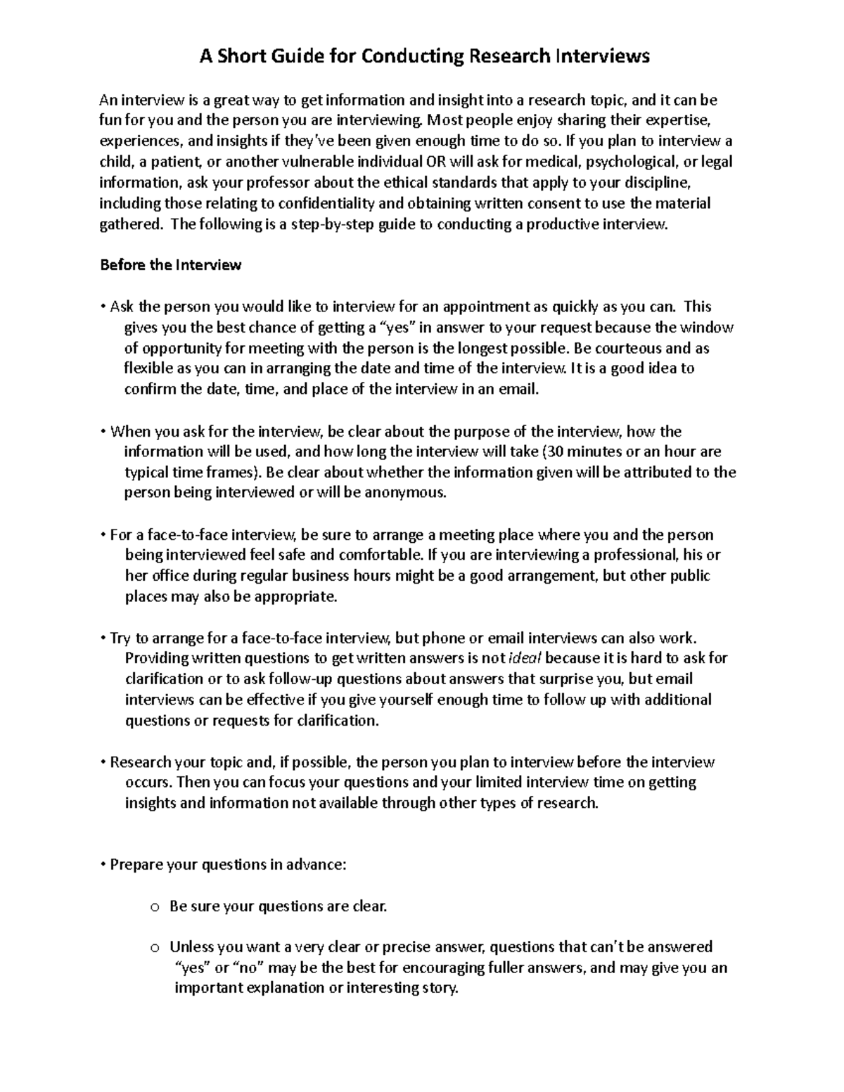 Guide for conducting interviews - A Short Guide for Conducting Research ...