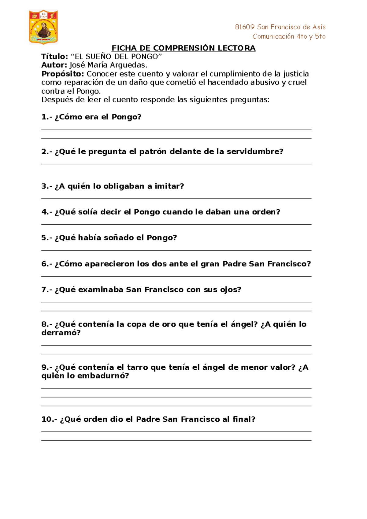 Ficha DE Comprensión Lectora - 81609 San Francisco de Asís Comunicación ...