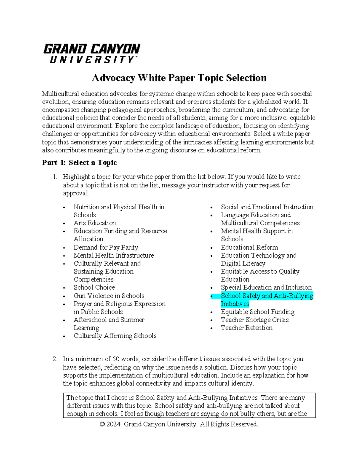 EDU-330-RS-T1-Advocacy White Paper Topic Selection - Advocacy White ...