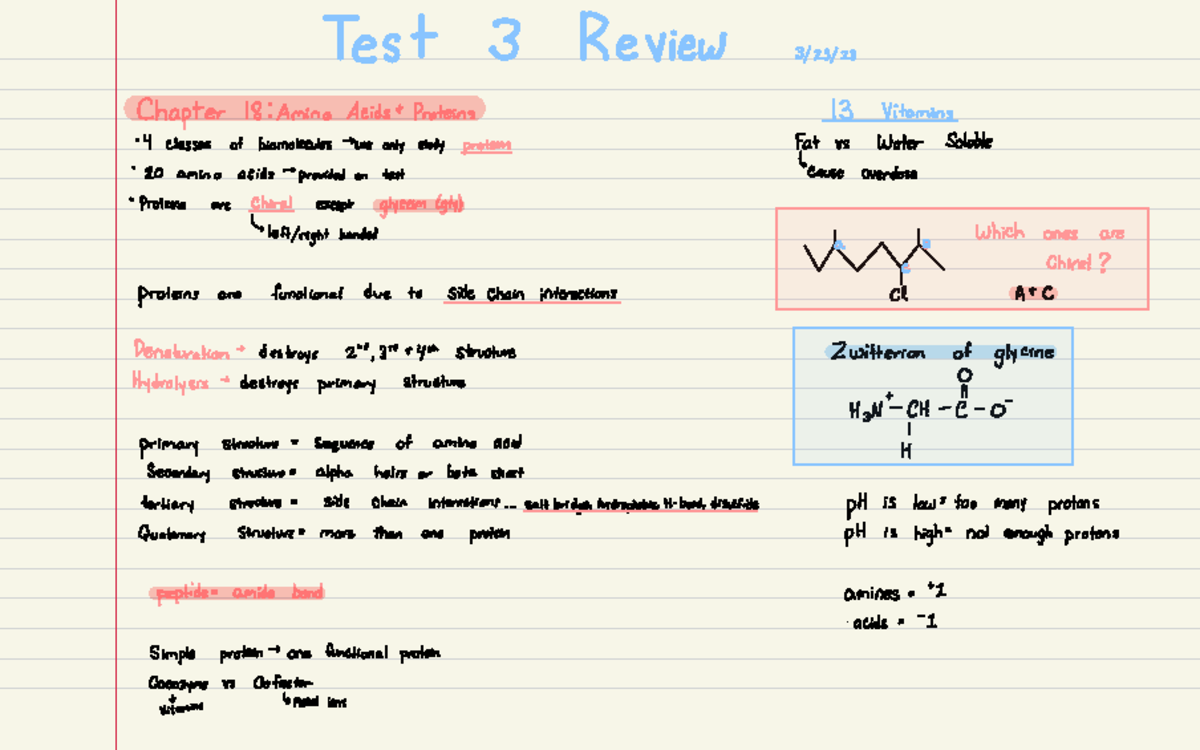 Test 3 Review - es-3 Ze iew 32323 Chapter 8: -mino-cidstProteins 13 ...
