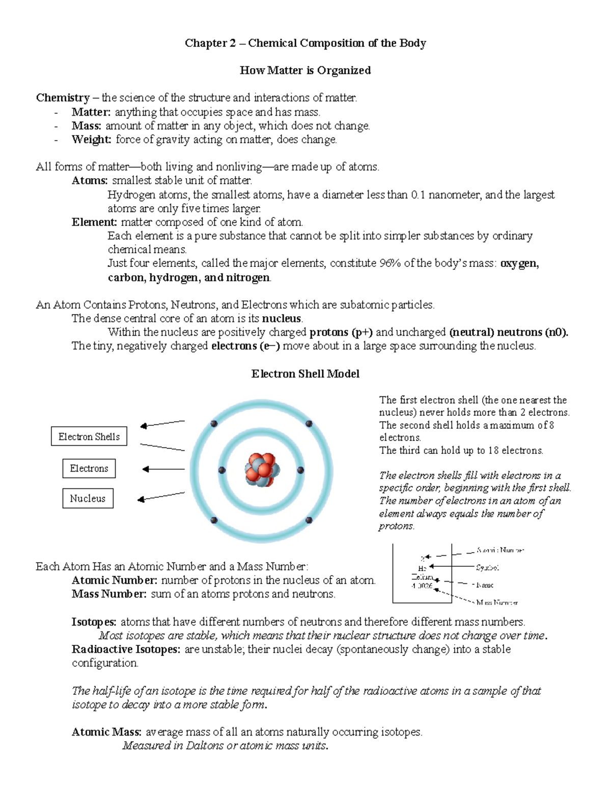 Chapter 2 - Chemical Composition of the Body - Electron Shells ...