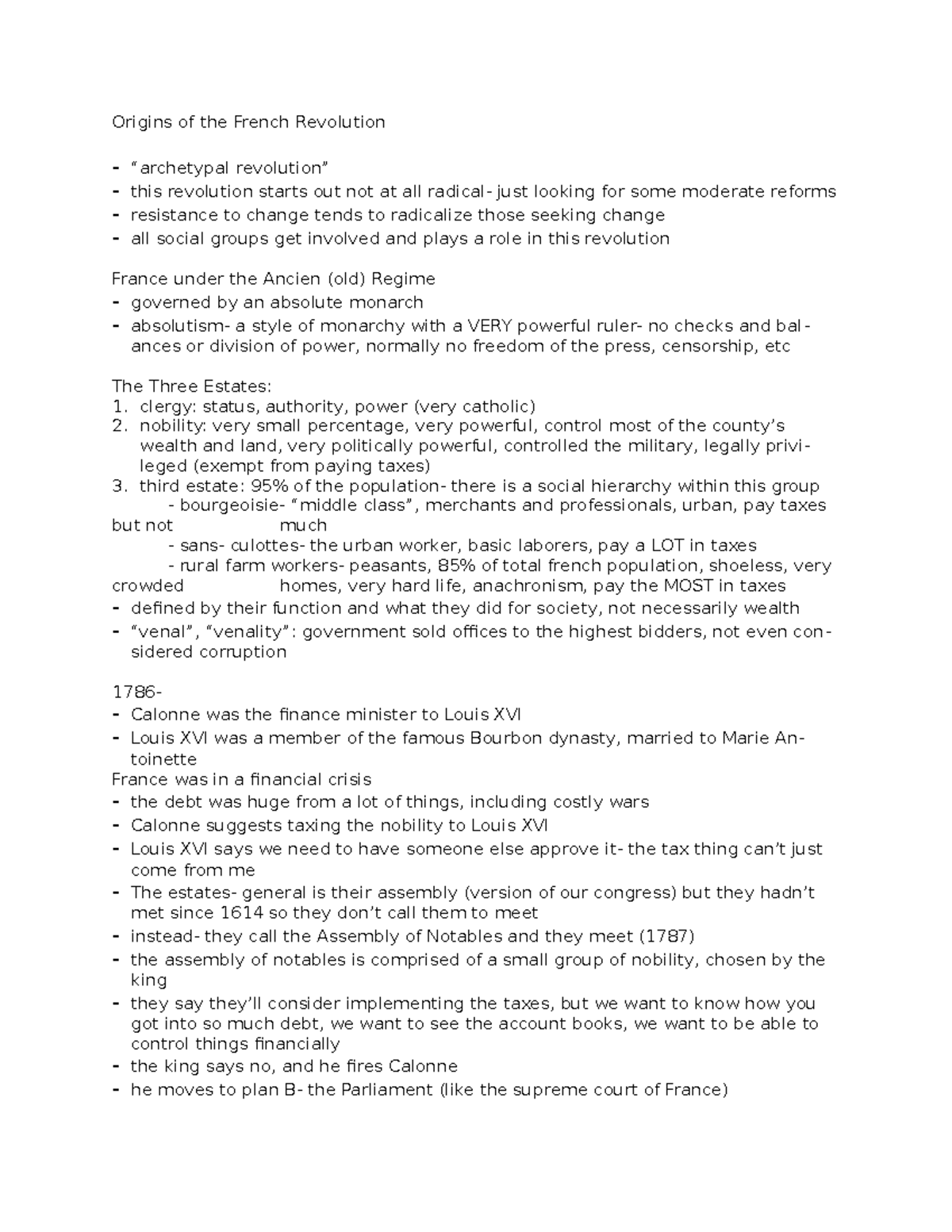 World history - Lecture notes entire semester - Origins of the French ...