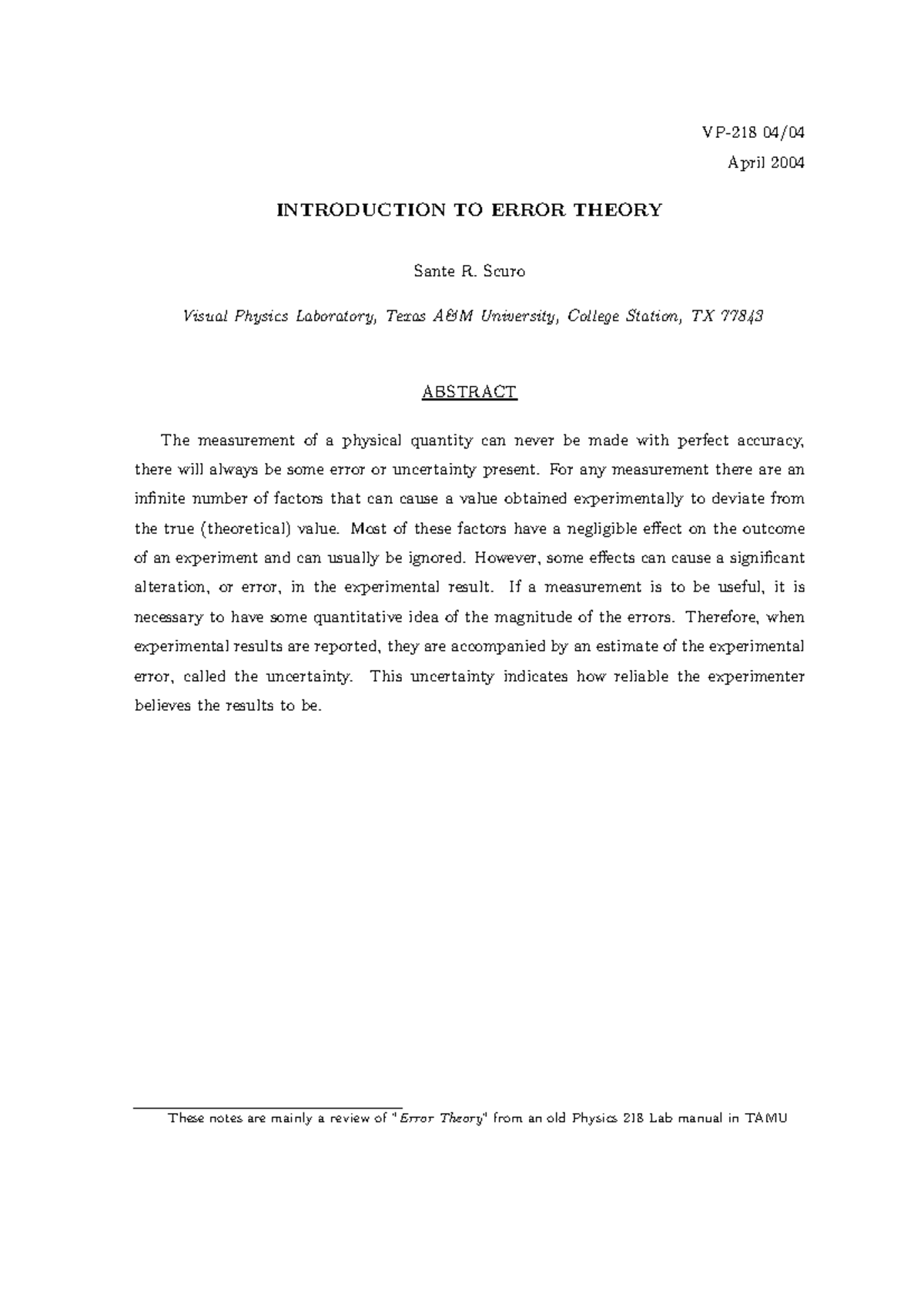 Error Theory - VP-218 04/ April 2004 INTRODUCTION TO ERROR THEORY Sante ...