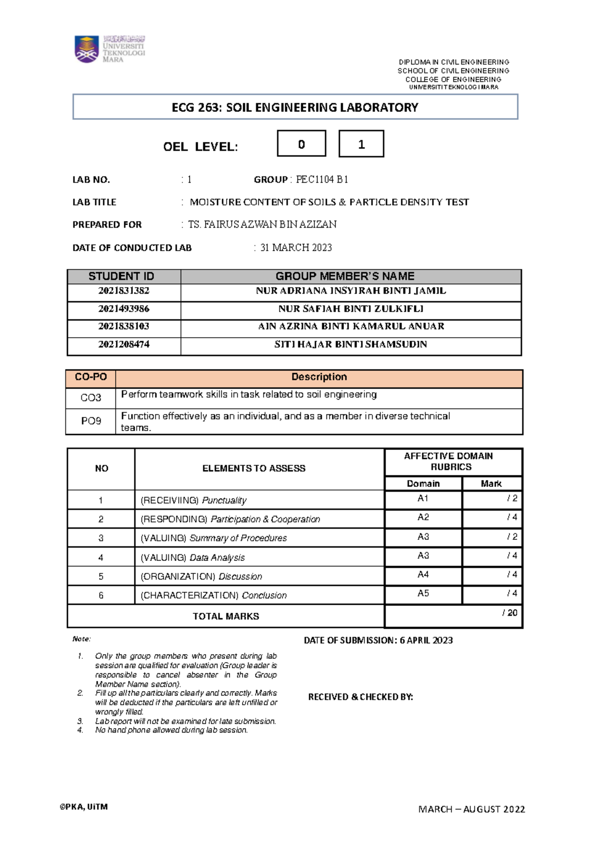 LAB 1 Moisture Content - lab soil - DIPLOMA IN CIVIL ENGINEERING SCHOOL OF CIVIL ENGINEERING ...